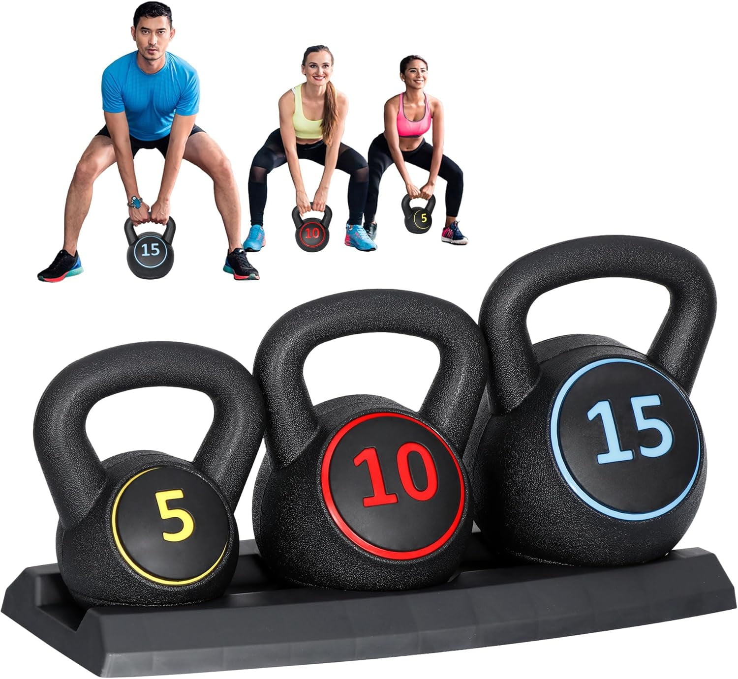 CGDYCF Black Kettlebell Set, 5/10/15 lbs with Storage, HDPE+Concrete ...