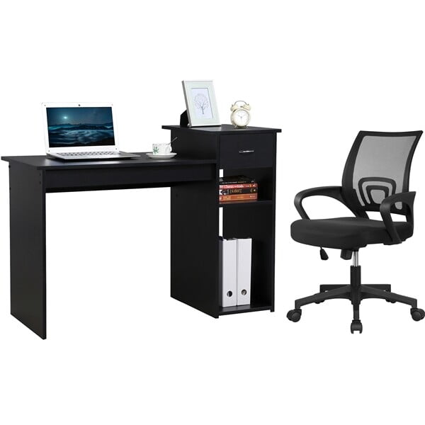CGDYCF Home Office Desk and Chair Set, Black Computer Table with Drawer ...