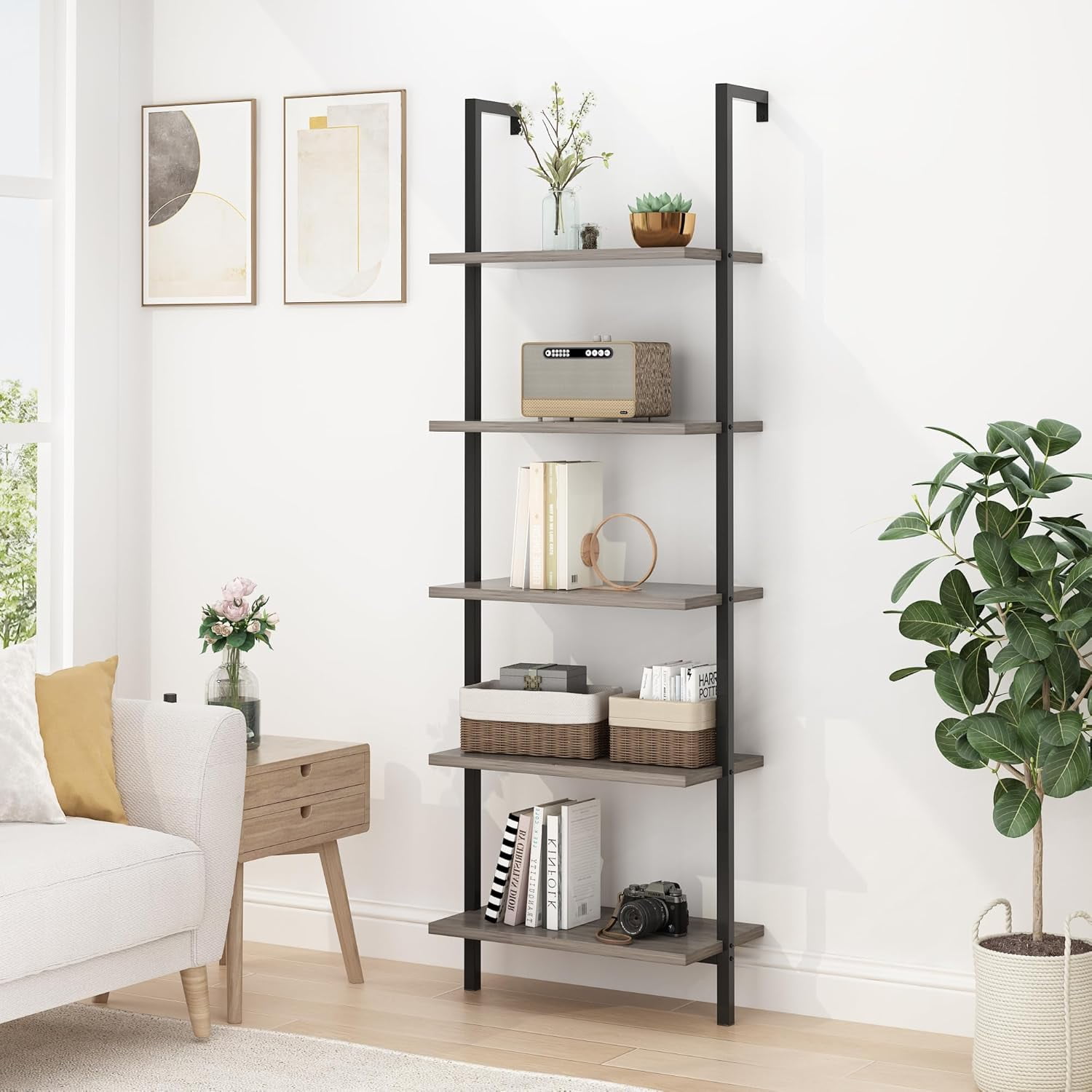 CGDYCF Ladder Shelf 5 Tier Wall Mounted Bookcase with Metal Frame, Open ...