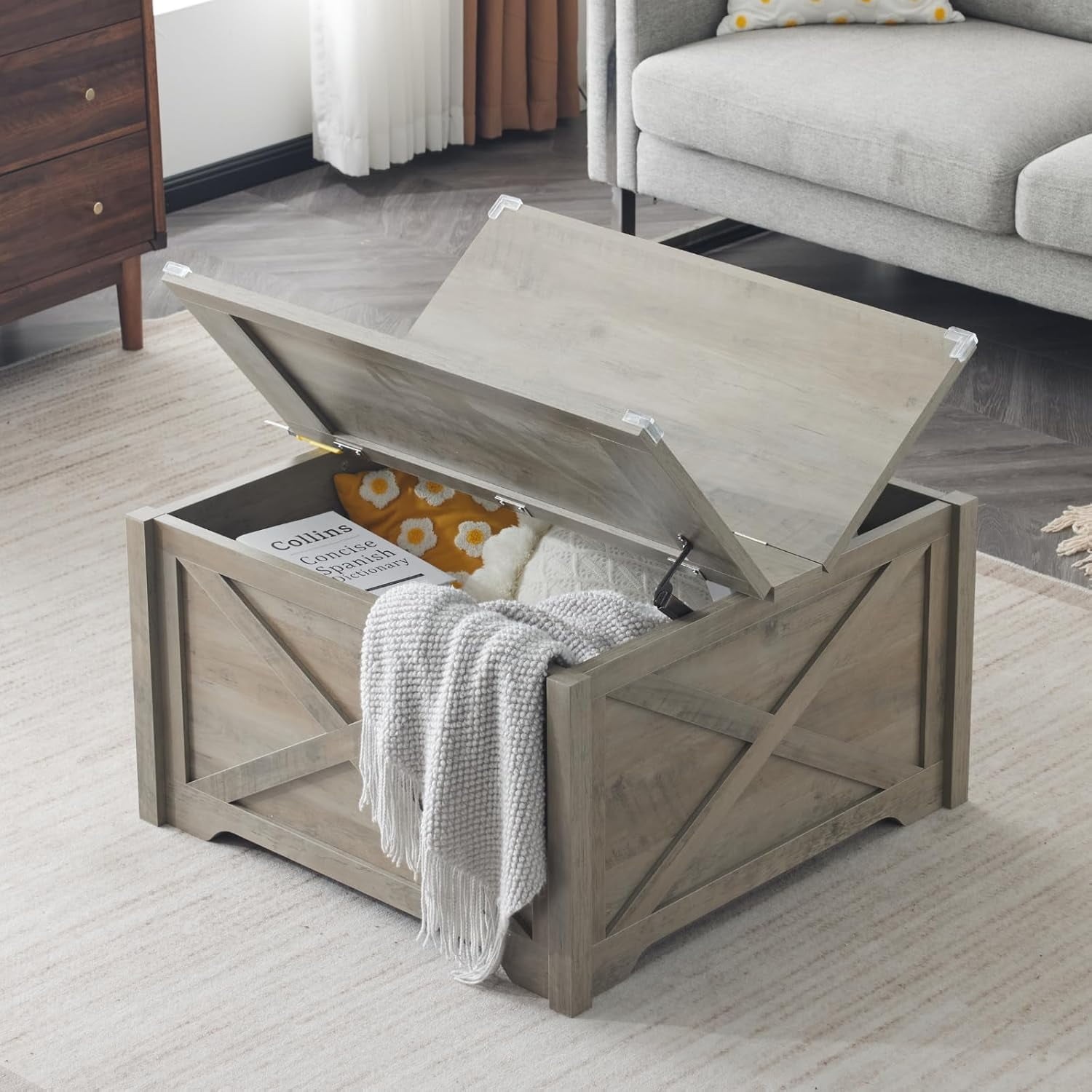 CGDYCF Square Coffee Table with Storage, Farmhouse Rustic Gray Coffee ...