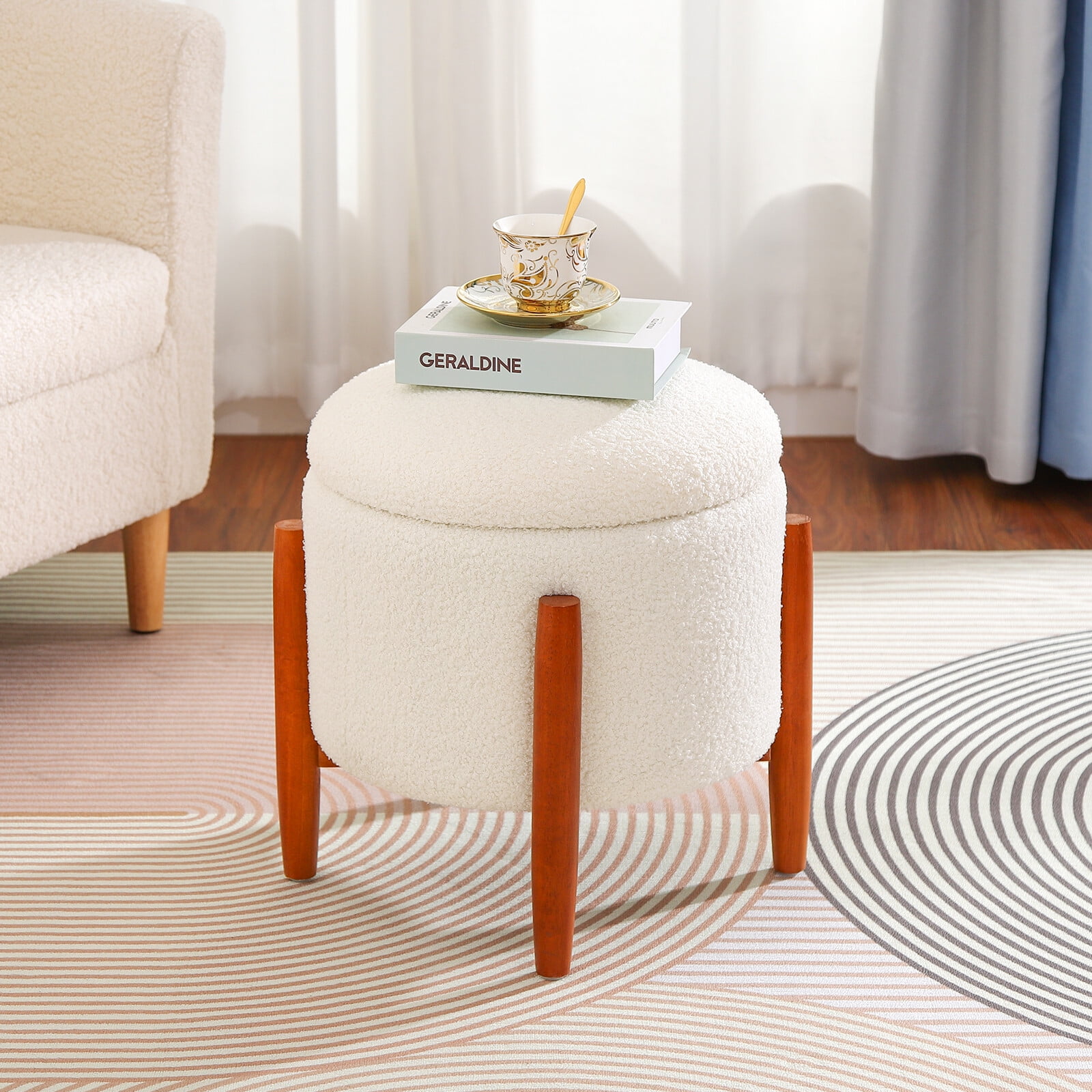 CGDYCF Teddy Velvet Round Storage Ottoman White Foot Rest Round ...
