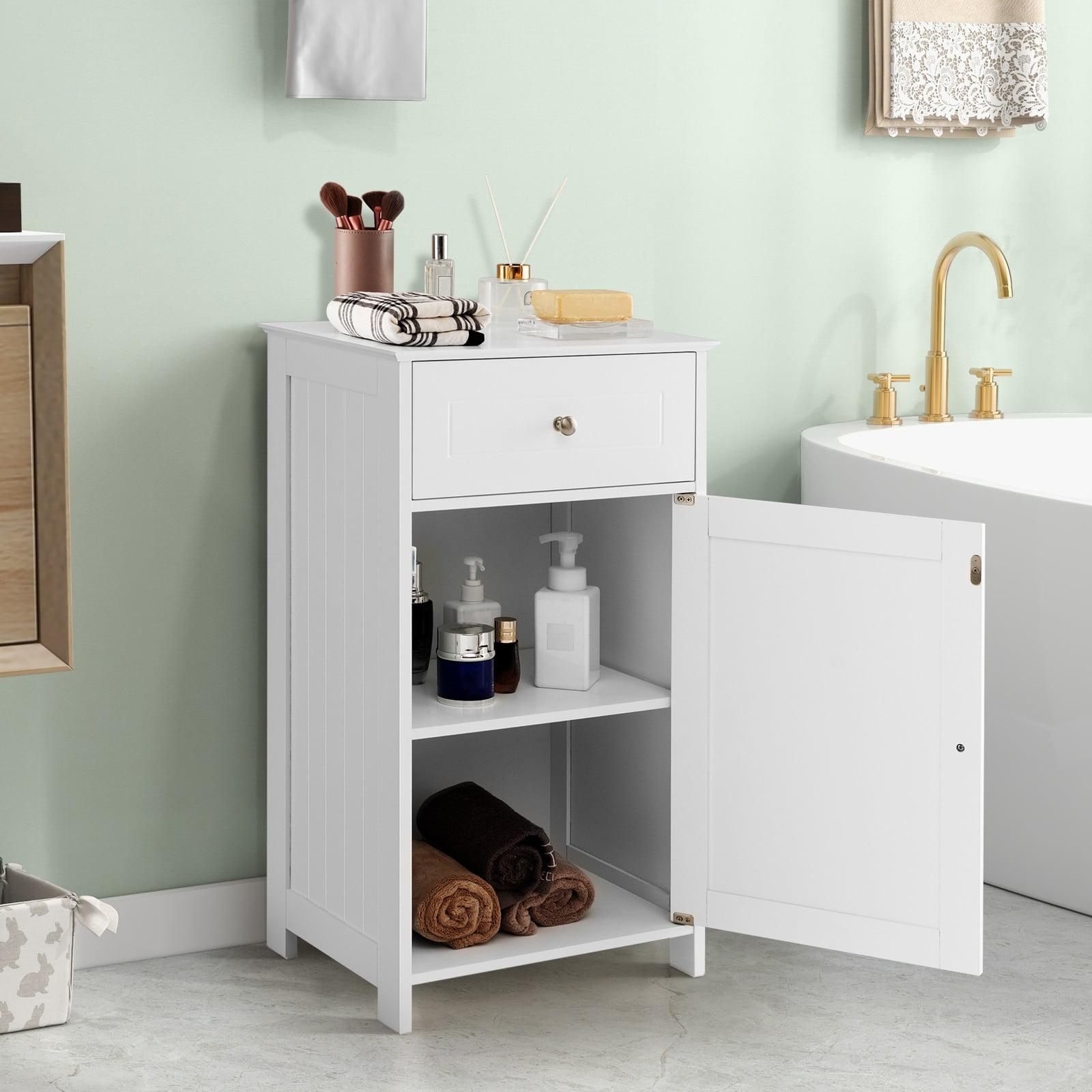 CGDYCF White Bathroom Storage Cabinet with Drawer, Adjustable Shelves ...