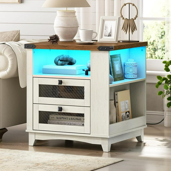 CGDYCFFarmhouse Side Table with Charging Function, RGB LED Light, 2 ...