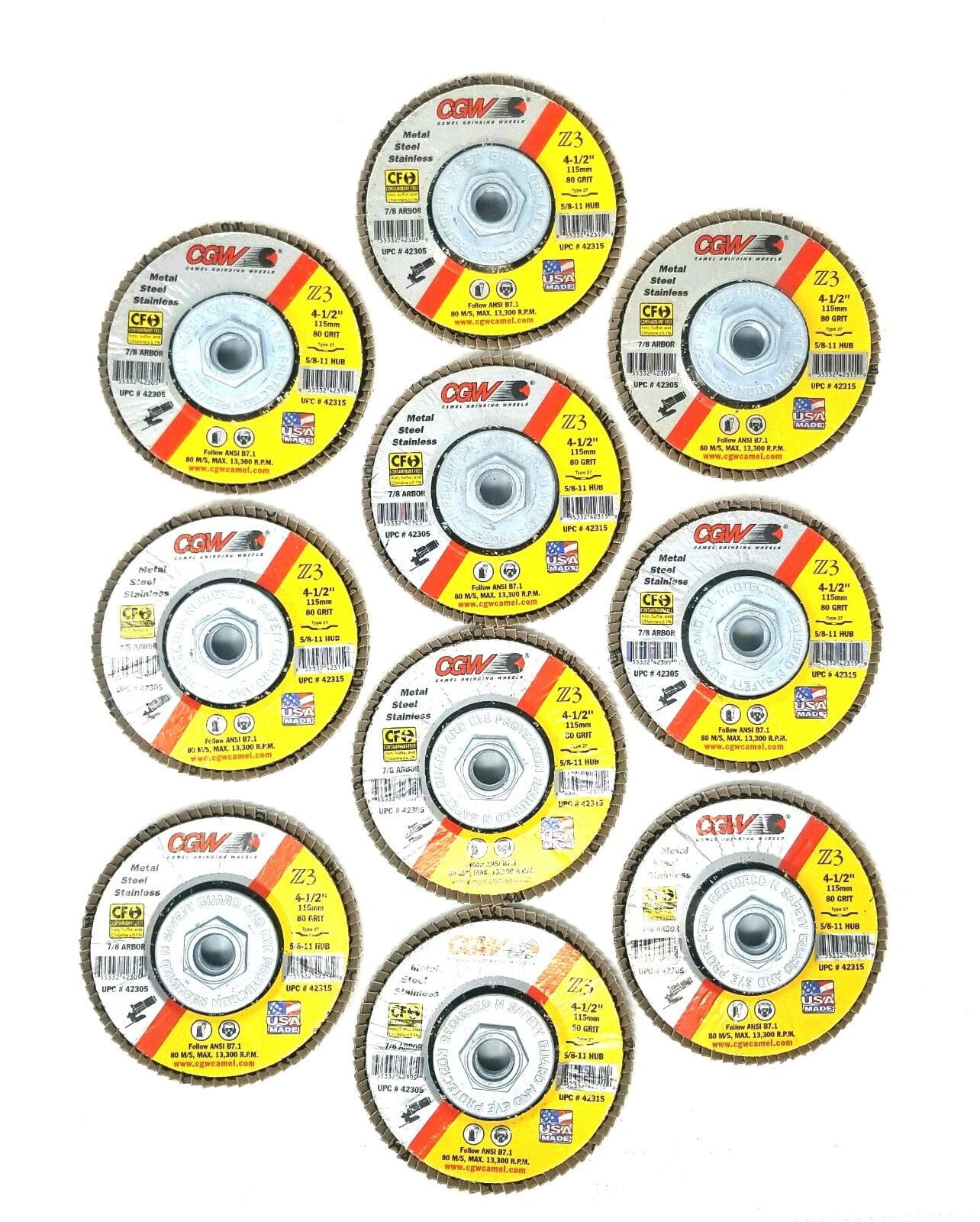 CGW 42315 Flap Disc, 10 Pack- 4 1/2" x 5/8"-11 Z3 Zirconia 80 Grit Type ...