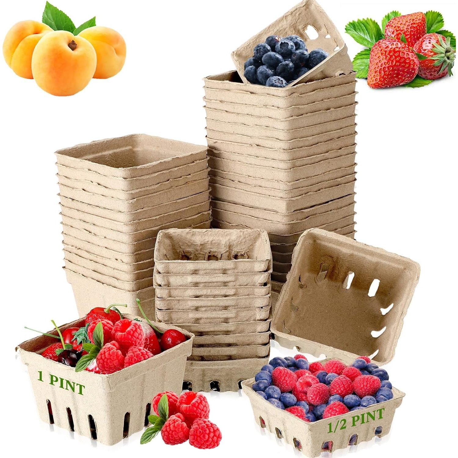 CGXP 120 Pcs Natural Pulp Fiber Berry Basket Produce Vented 60 Pcs ...