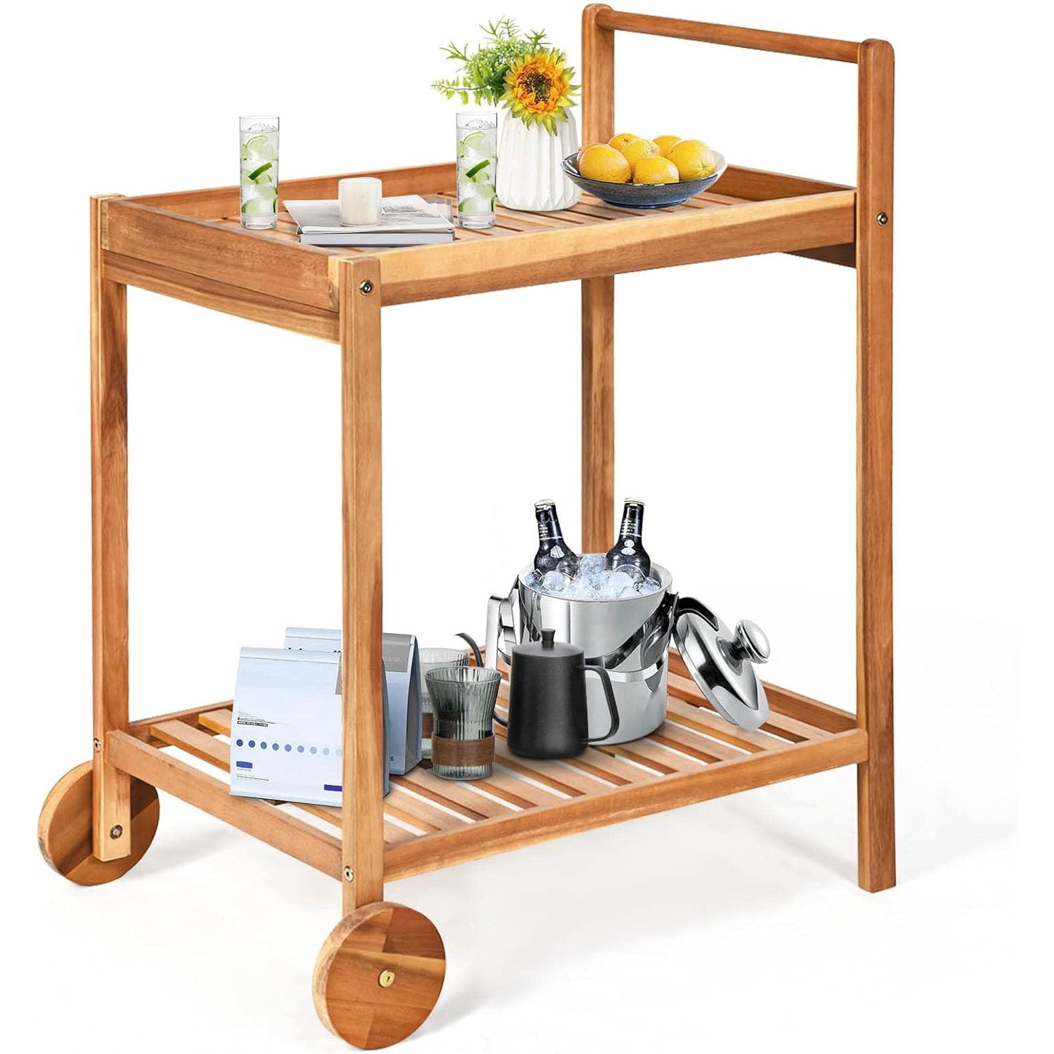 CGXP Patio Side Table on Wheels, Acacia Wood Outdoor Buffet Cart ...