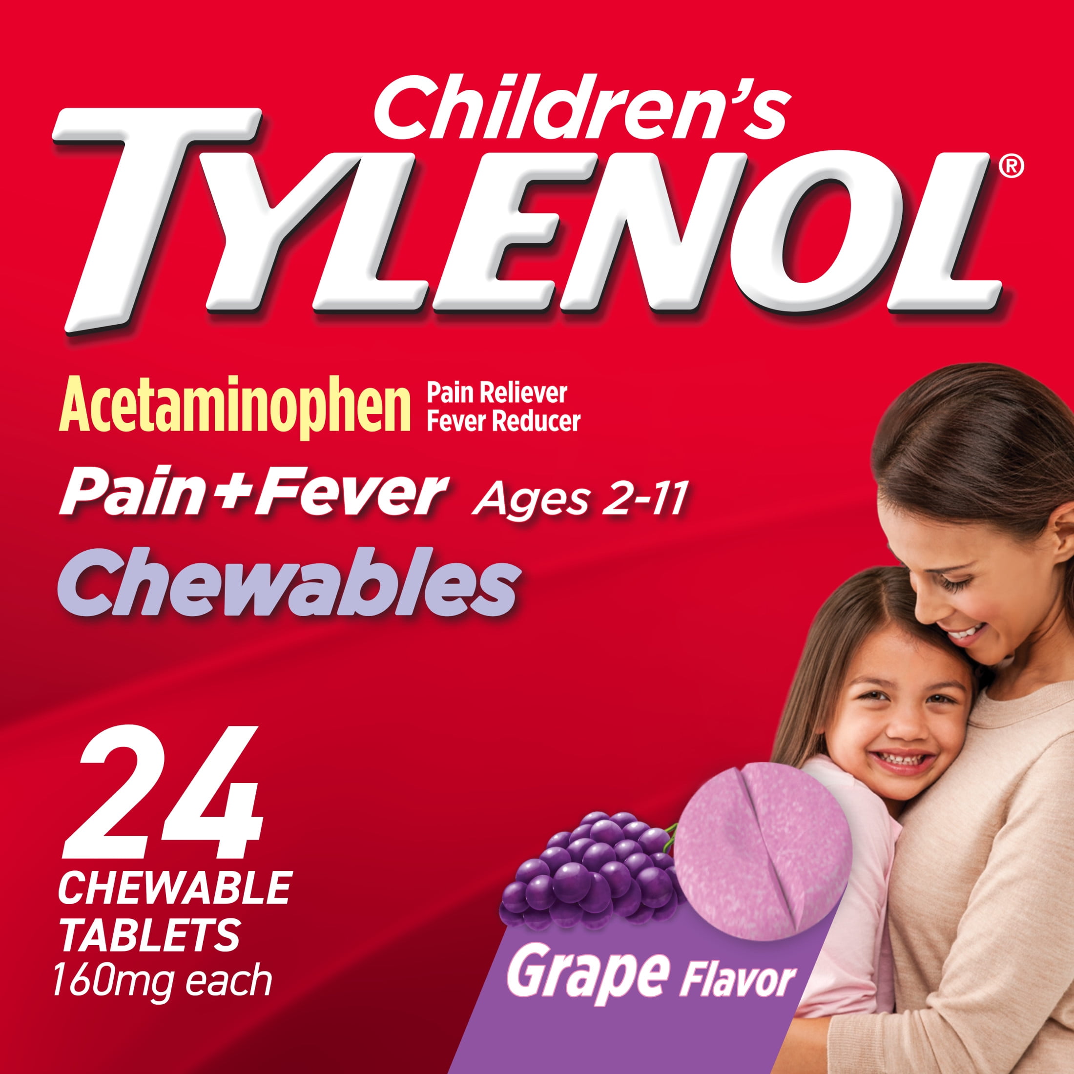 Tylenol Kids Chewable Tablets, 160mg Acetaminophen, Grape Flavor, 24 Ct ...