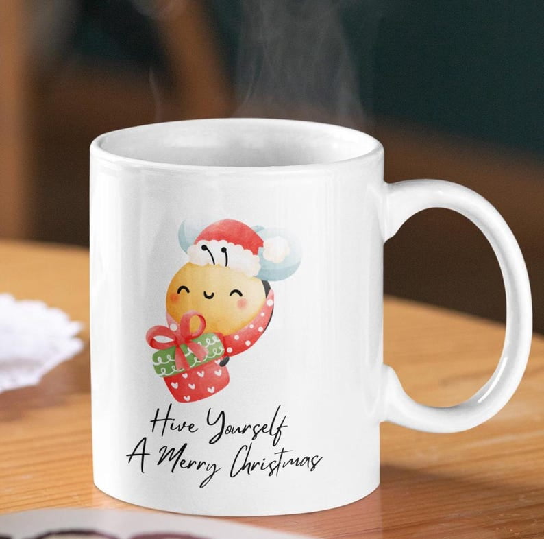 CH1Ristmas Bee Ceramic Mug Cute Watercolor H1oliday Bee Tumbler ...
