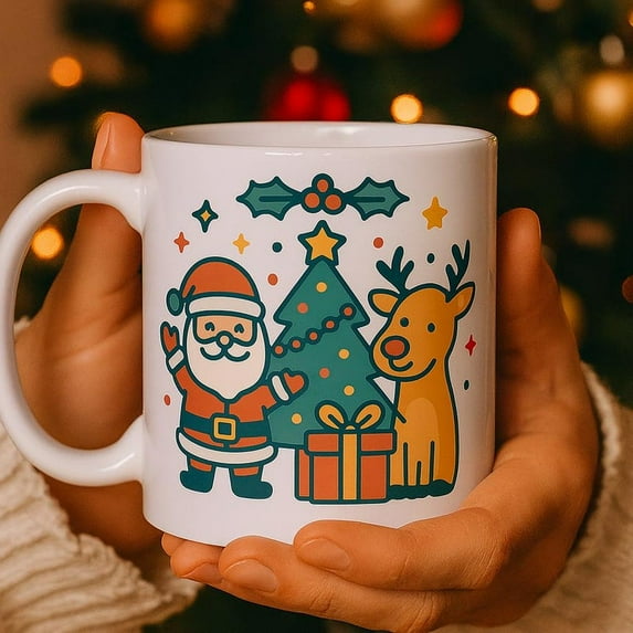 CH1Ristmas Mug with Santa & Reindeer – Fest H1oliday Coffee Cup, Cute ...
