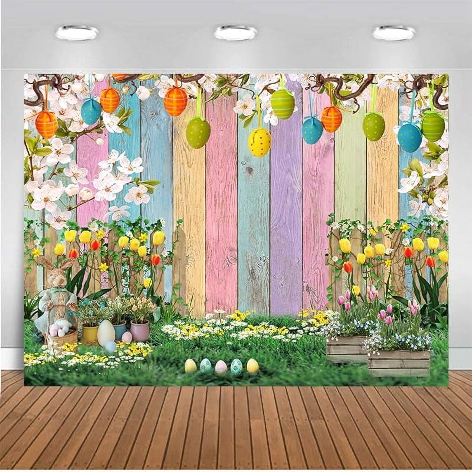 CHAIYA 7x5ft Spring Easter Backdrop Colorful Wood Green Grass Backdrops ...