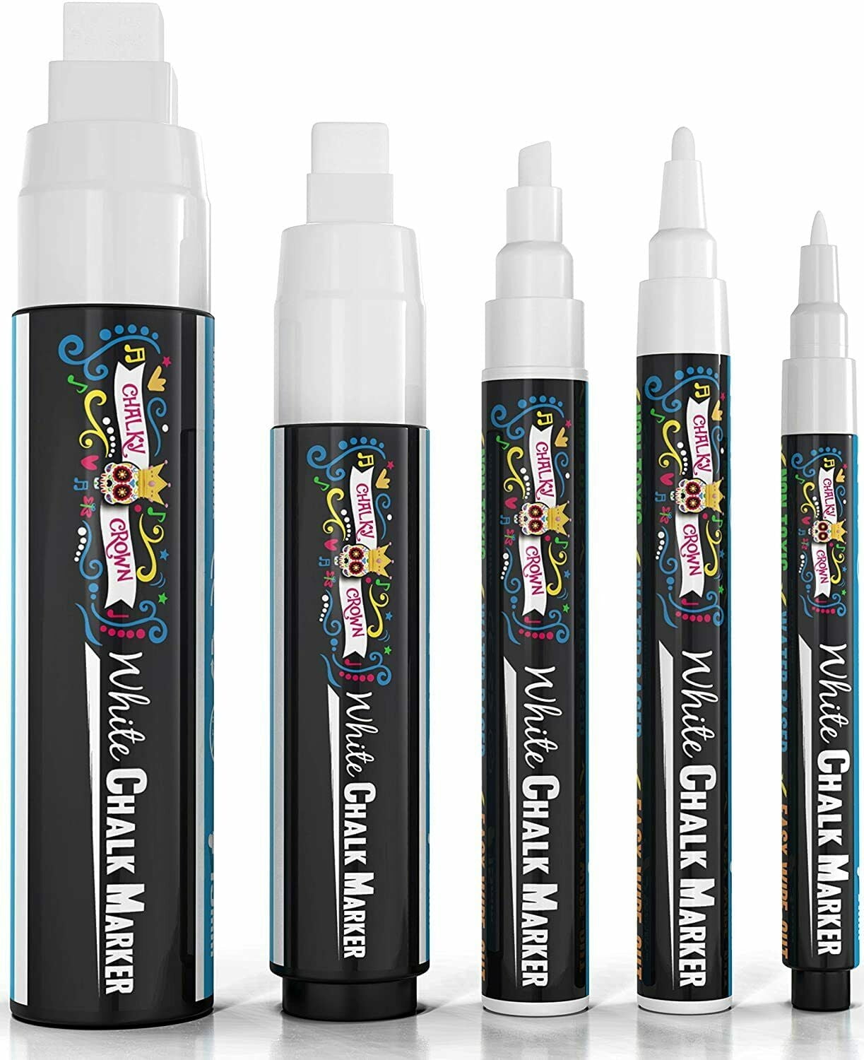 Chalky Crown 5pc White Chalk Markers, Erasable, Various Tip Sizes 1mm ...