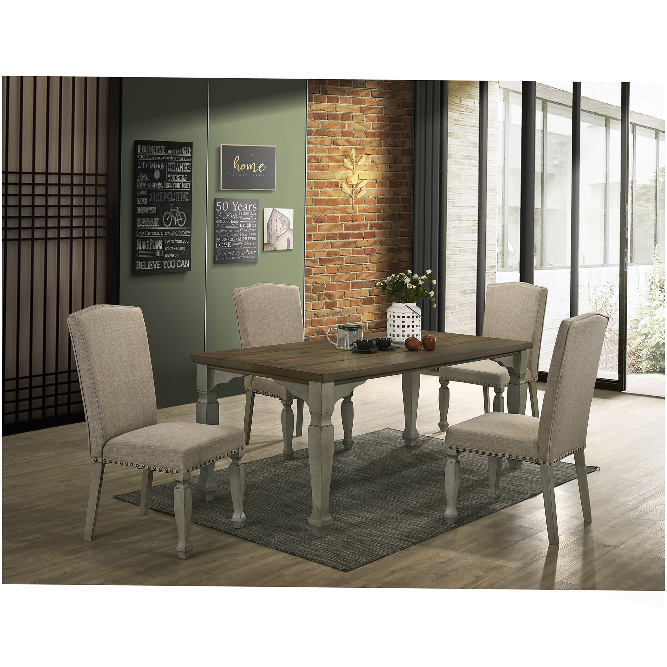 CHAMPFLAG 5-Pc Distressed Wood Dining Table Set with Gray Fabric Chairs ...