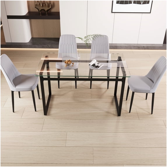CHAMPFLAG 51 Inch Rectangular Glass Top Dining Table Set, 4 PU Padded ...