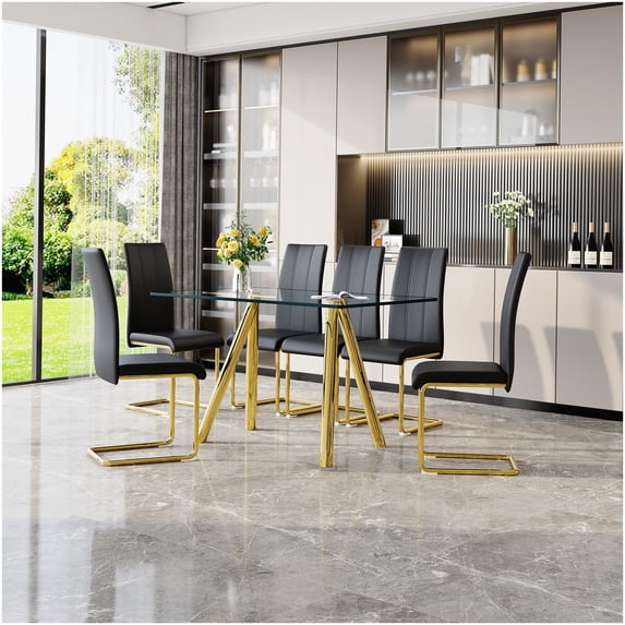 CHAMPFLAG 6-Seater Dining Table Set, Rectangular Glass Top with Gold ...