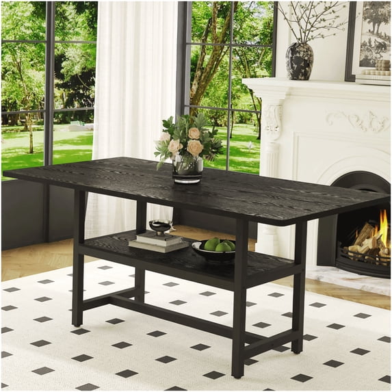 CHAMPFLAG Black Dining Table with Storage, Large Farmhouse Table with ...