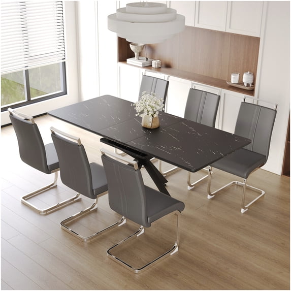 CHAMPFLAG Black Gray Extendable Dining Table Set with 6 Padded Chairs ...