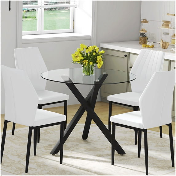 CHAMPFLAG Black and White Dining Set, 4-Person Round Glass Top Table ...