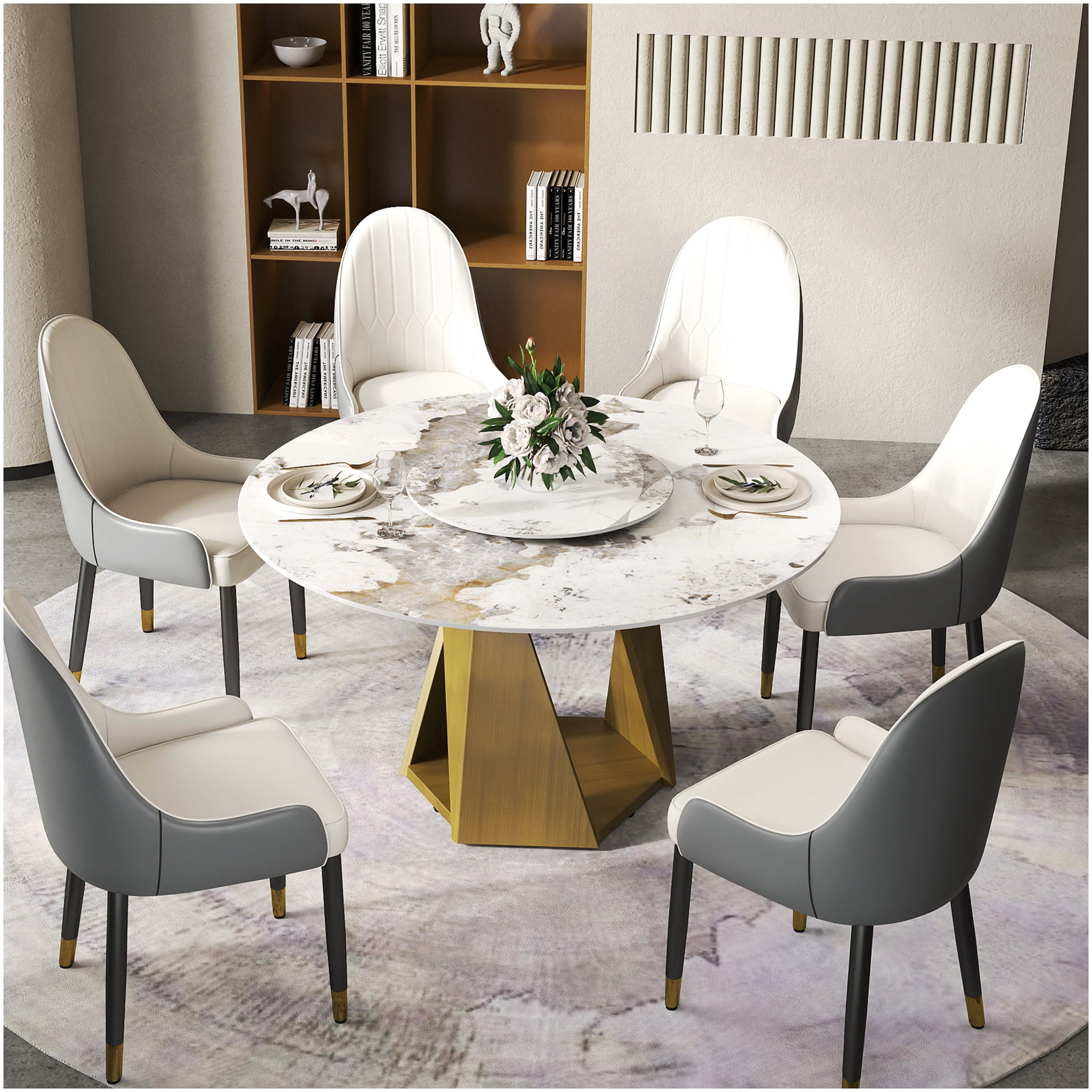 CHAMPFLAG Bronze and White Round Pedestal Dining Table with Lazy Susan - Seats 6, Sintered Stone ...