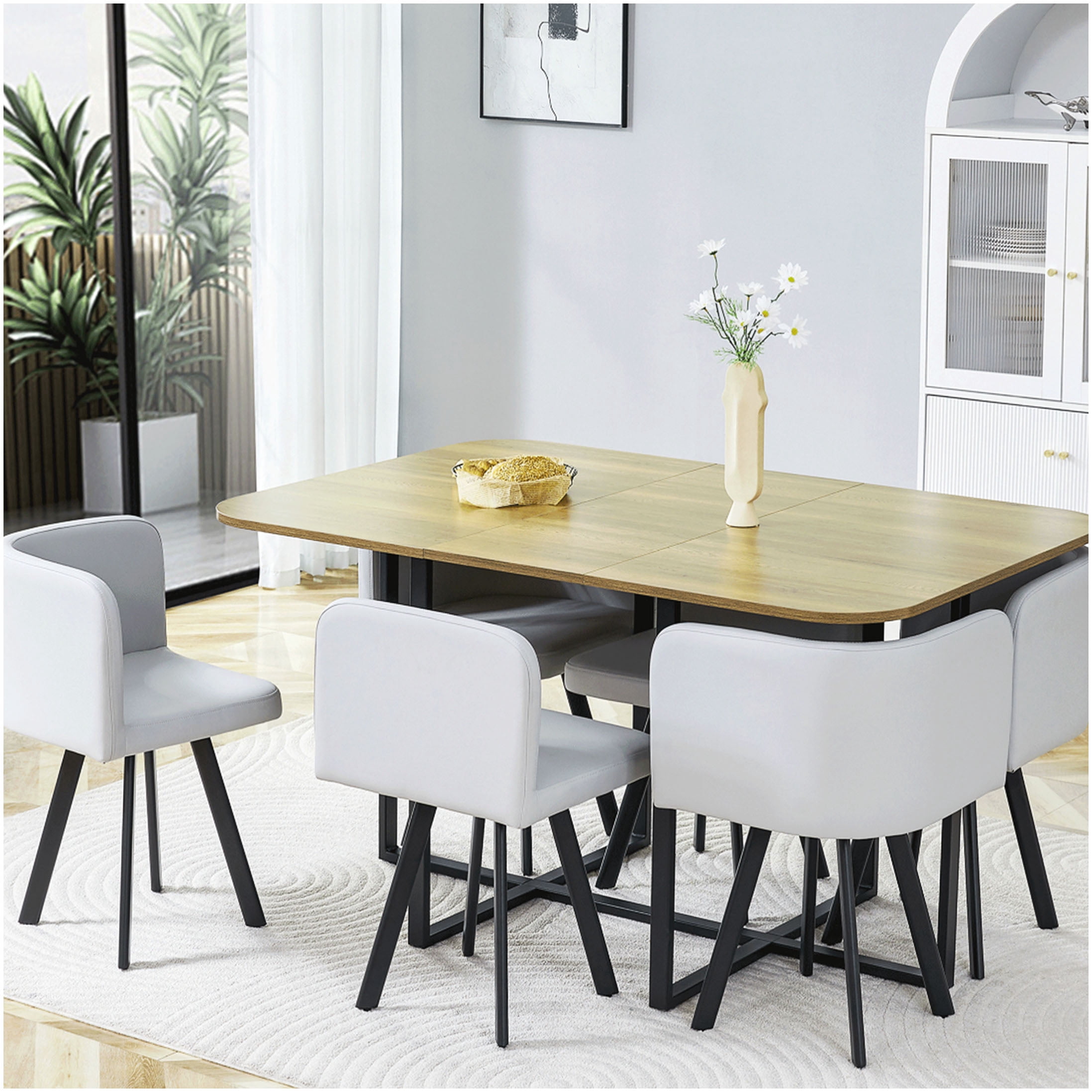 CHAMPFLAG Compact 7-Piece Dining Set, Black Table and Gray Chairs with ...