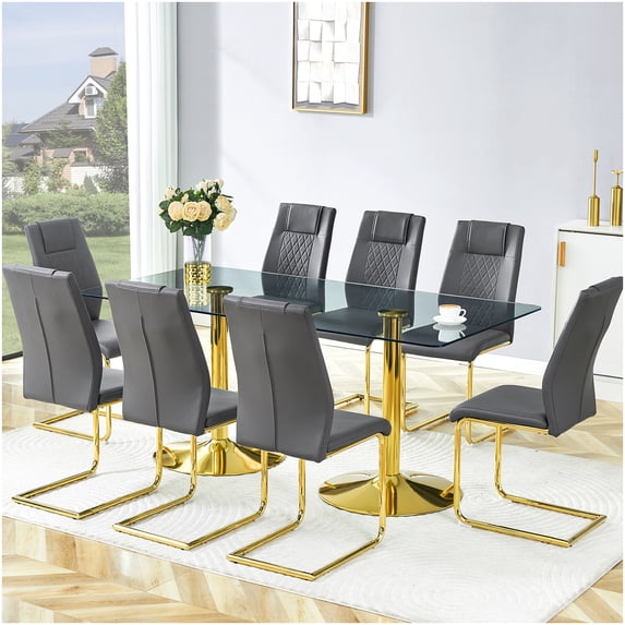 CHAMPFLAG Contemporary Dining Table Set for 8, Glass Top with Gold Base ...