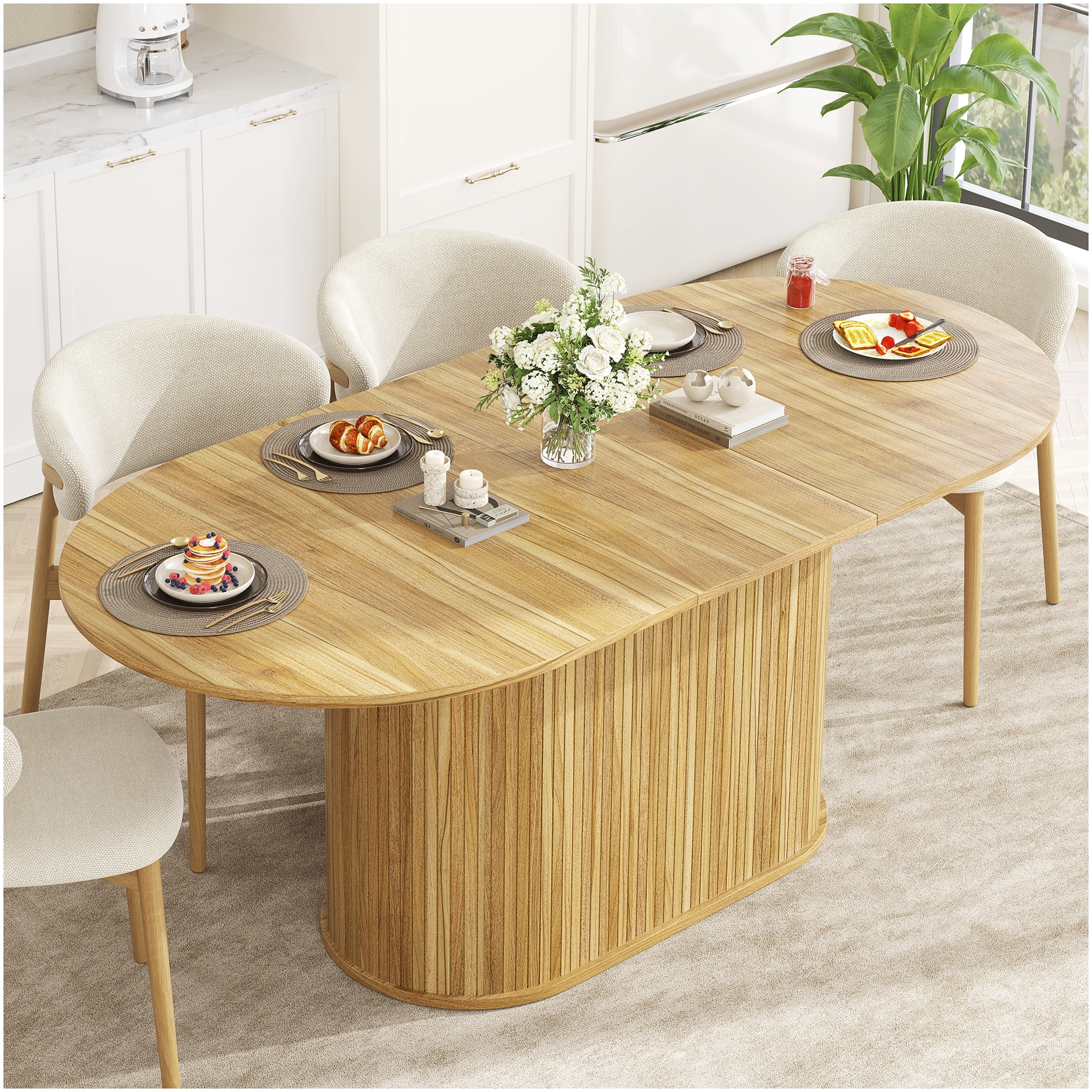 CHAMPFLAG Expandable Dining Table for Kitchen, Natural Wood Look ...