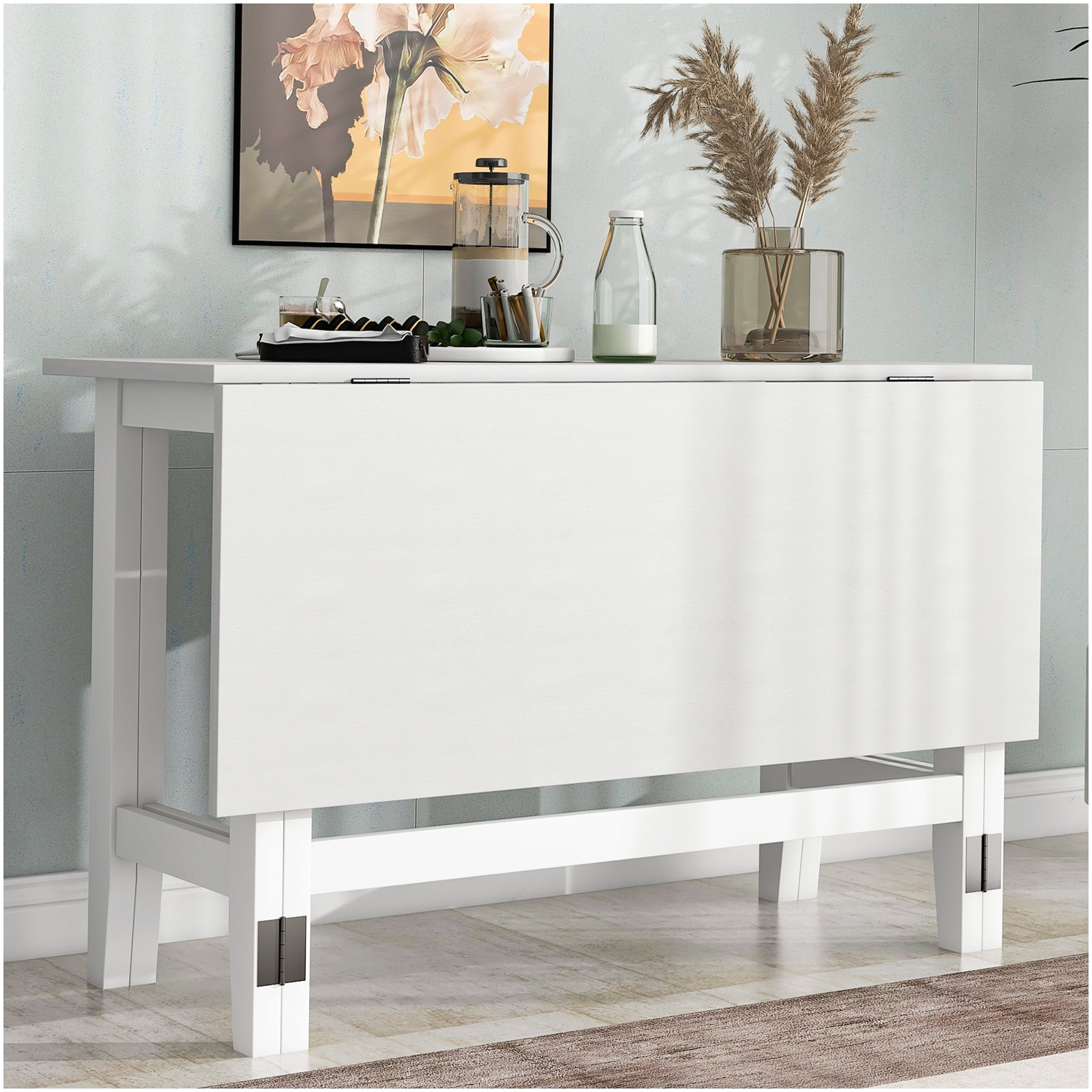 CHAMPFLAG Expandable Farmhouse Dining Table, White Solid Wood Drop Leaf ...