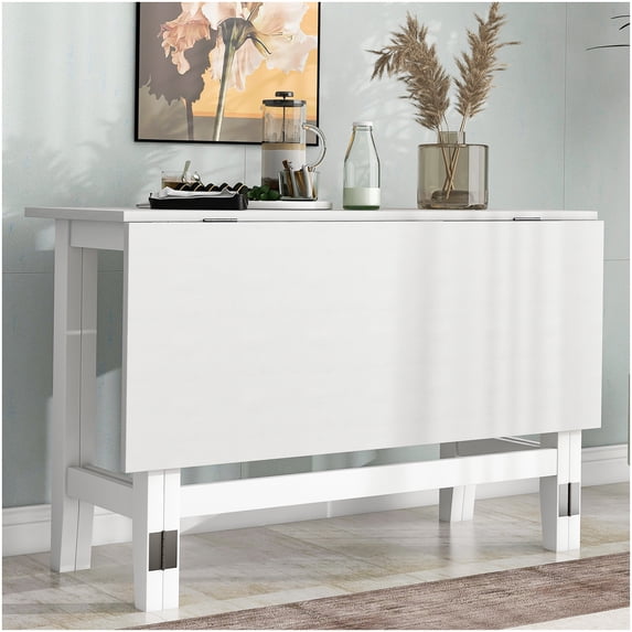CHAMPFLAG Expandable Farmhouse Dining Table, White Solid Wood Drop Leaf ...