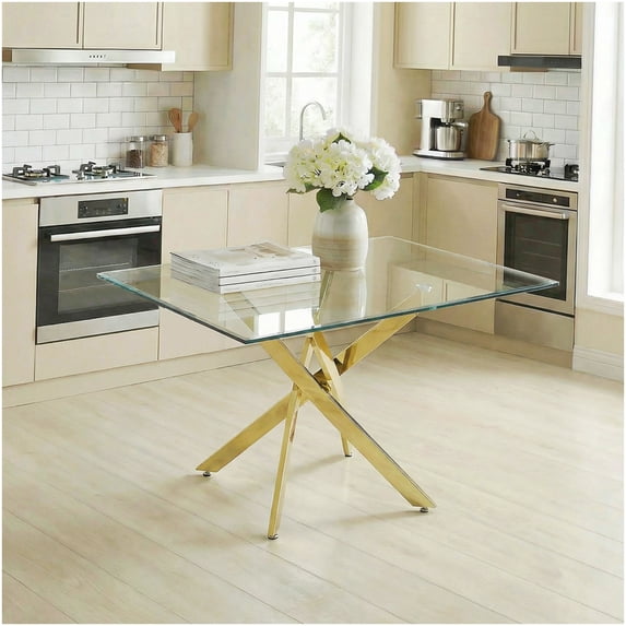 CHAMPFLAG Gold Frame Glass Table, 59 Inch Rectangular Tempered Glass ...