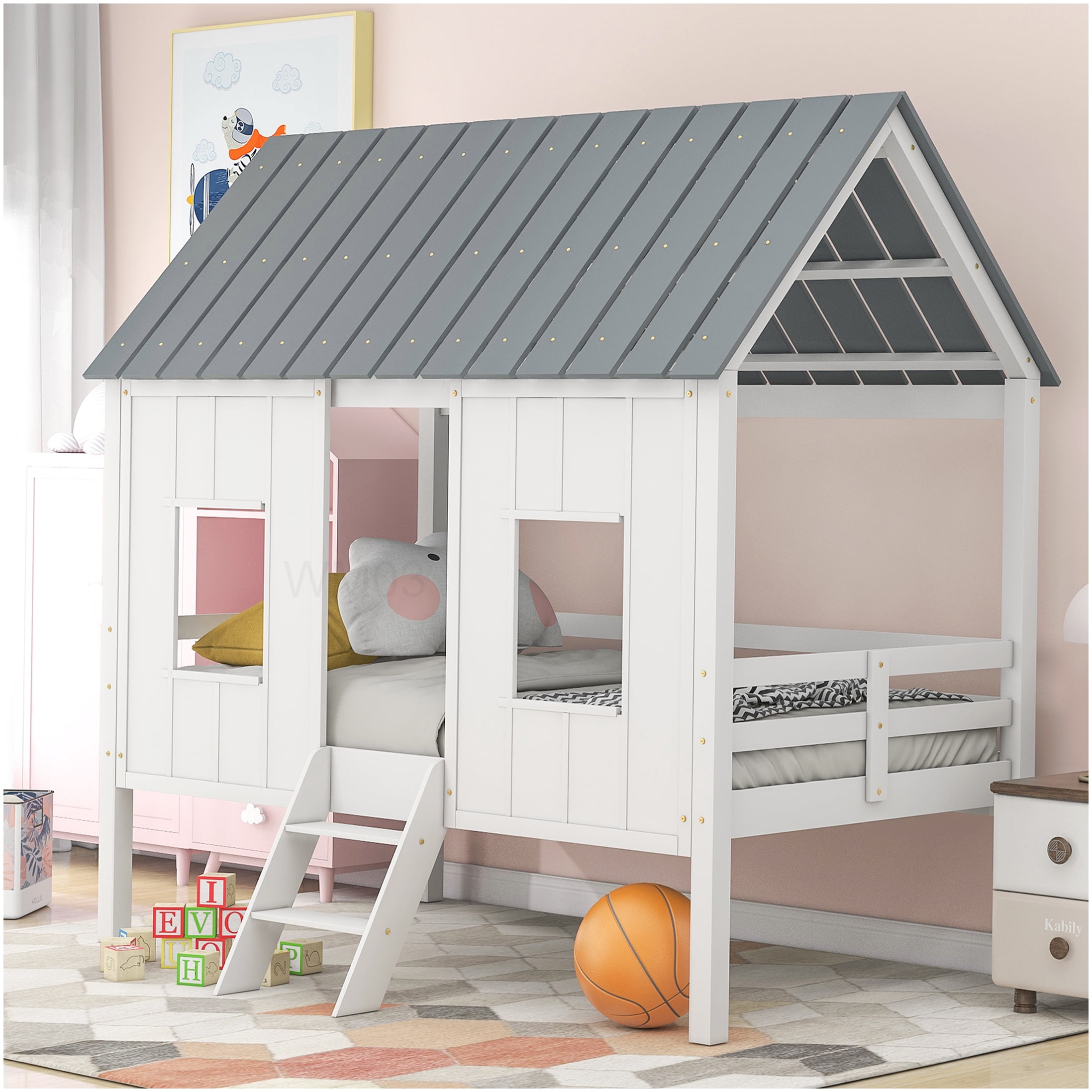 CHAMPFLAG Low Profile Twin House Bed with Roof, White Wood Frame, Space ...
