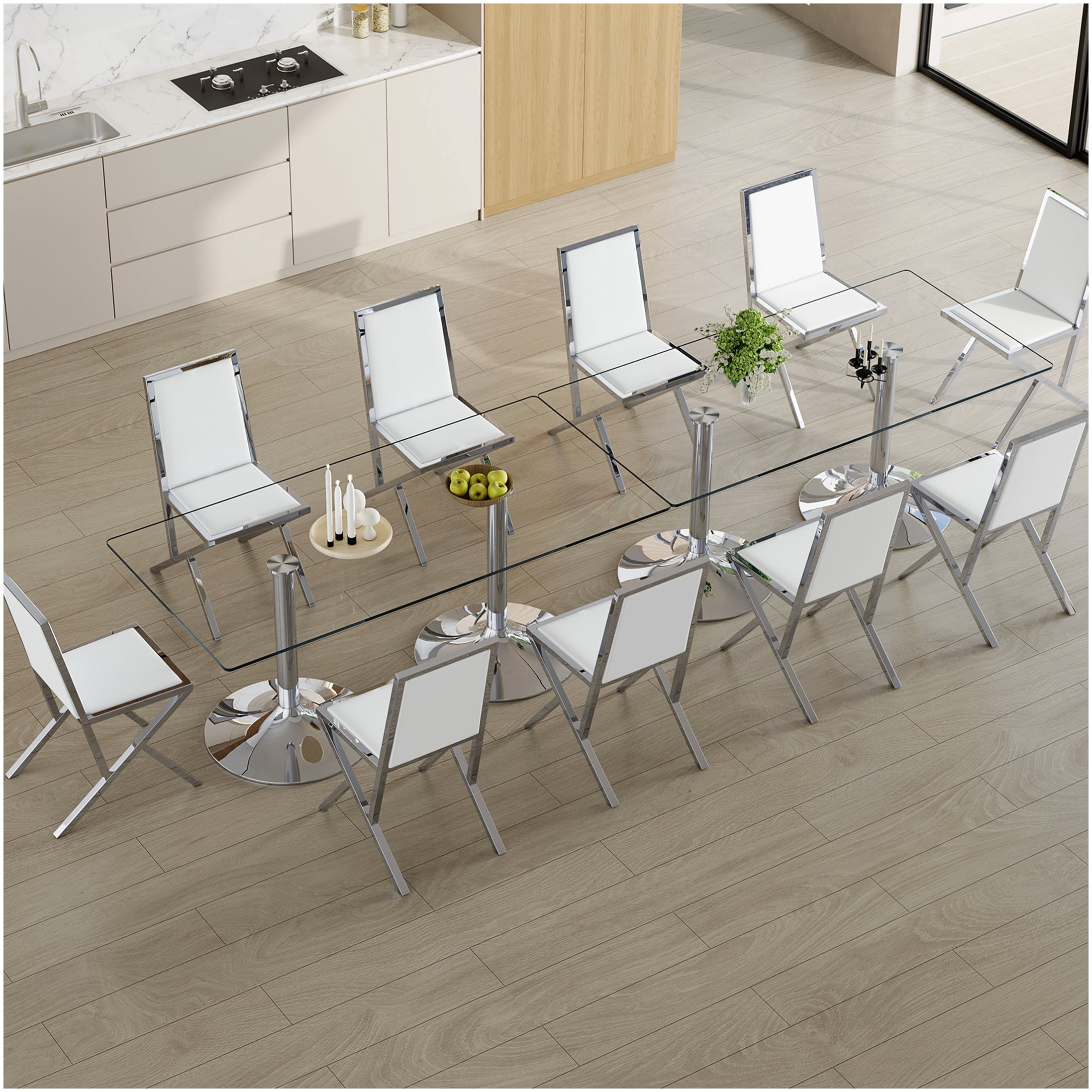 CHAMPFLAG Modern 10-Person Dining Table Set, 2 Tempered Glass Tables ...