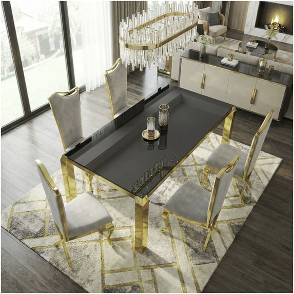 CHAMPFLAG Modern 6-Seater Dining Table, Gold Metal Base and Black ...