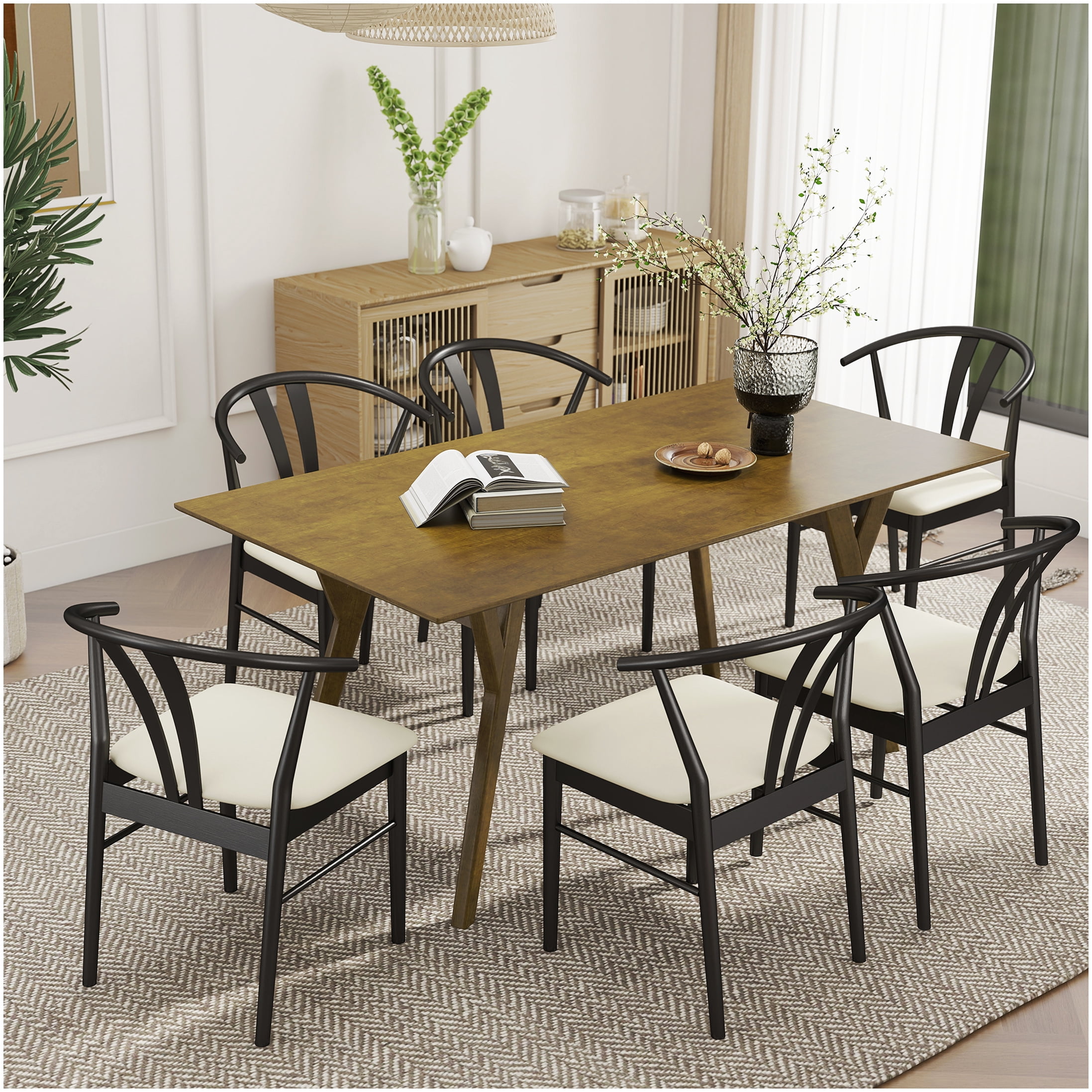 CHAMPFLAG Modern Dining Set for 6, Walnut Rectangular Table with 6 ...