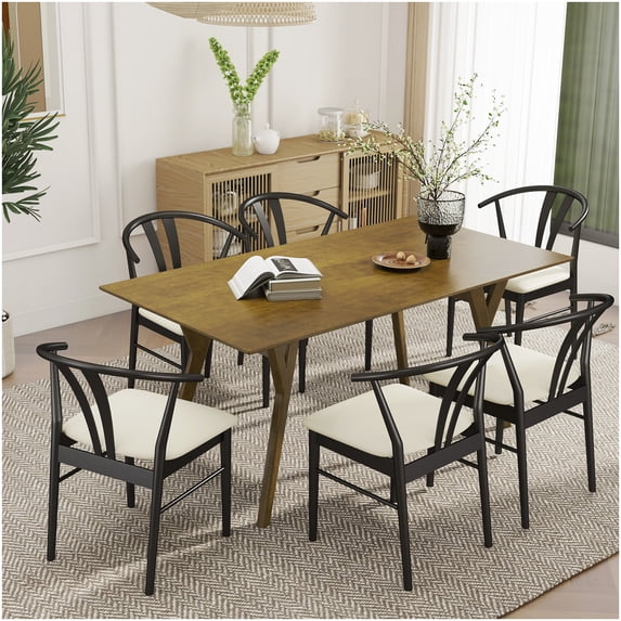 CHAMPFLAG Modern Dining Set for 6, Walnut Rectangular Table with 6 ...