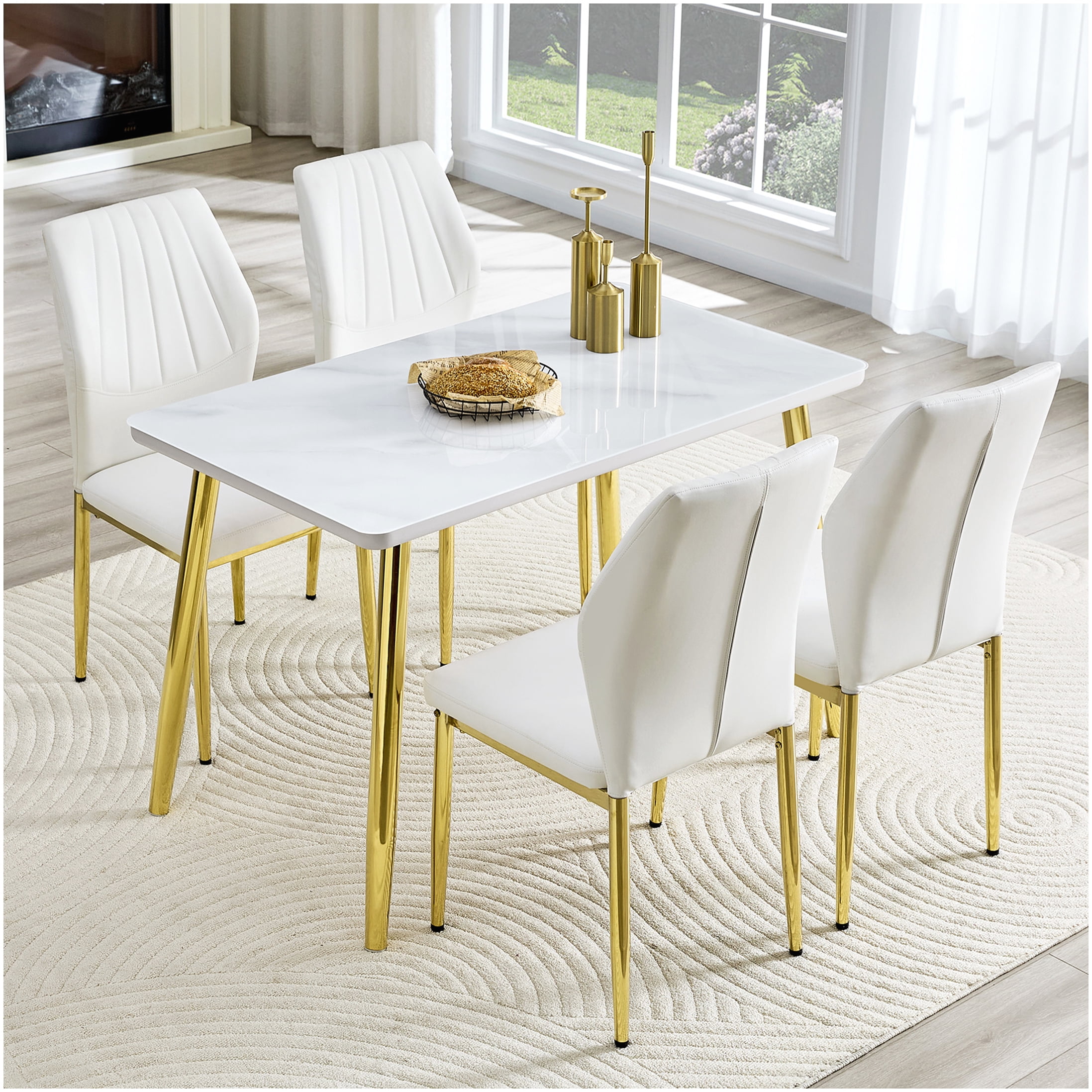 CHAMPFLAG Modern Dining Table Set for 4, White Glass Top Table with ...