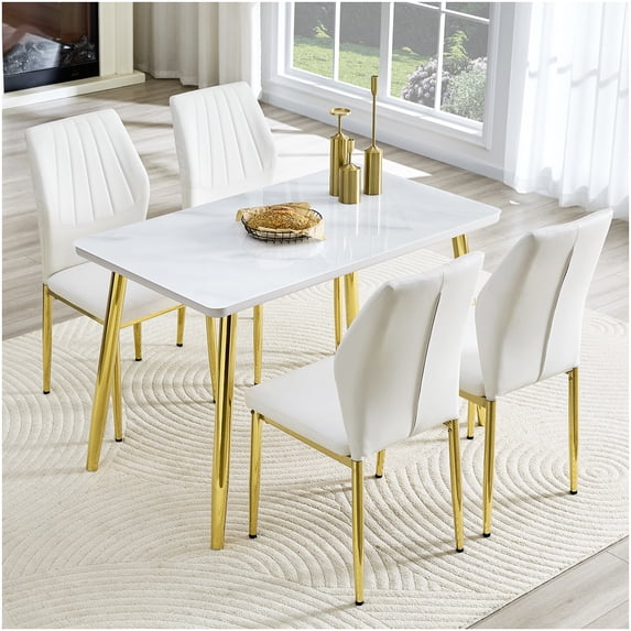 CHAMPFLAG Modern Dining Table Set for 4, White Glass Top Table with ...