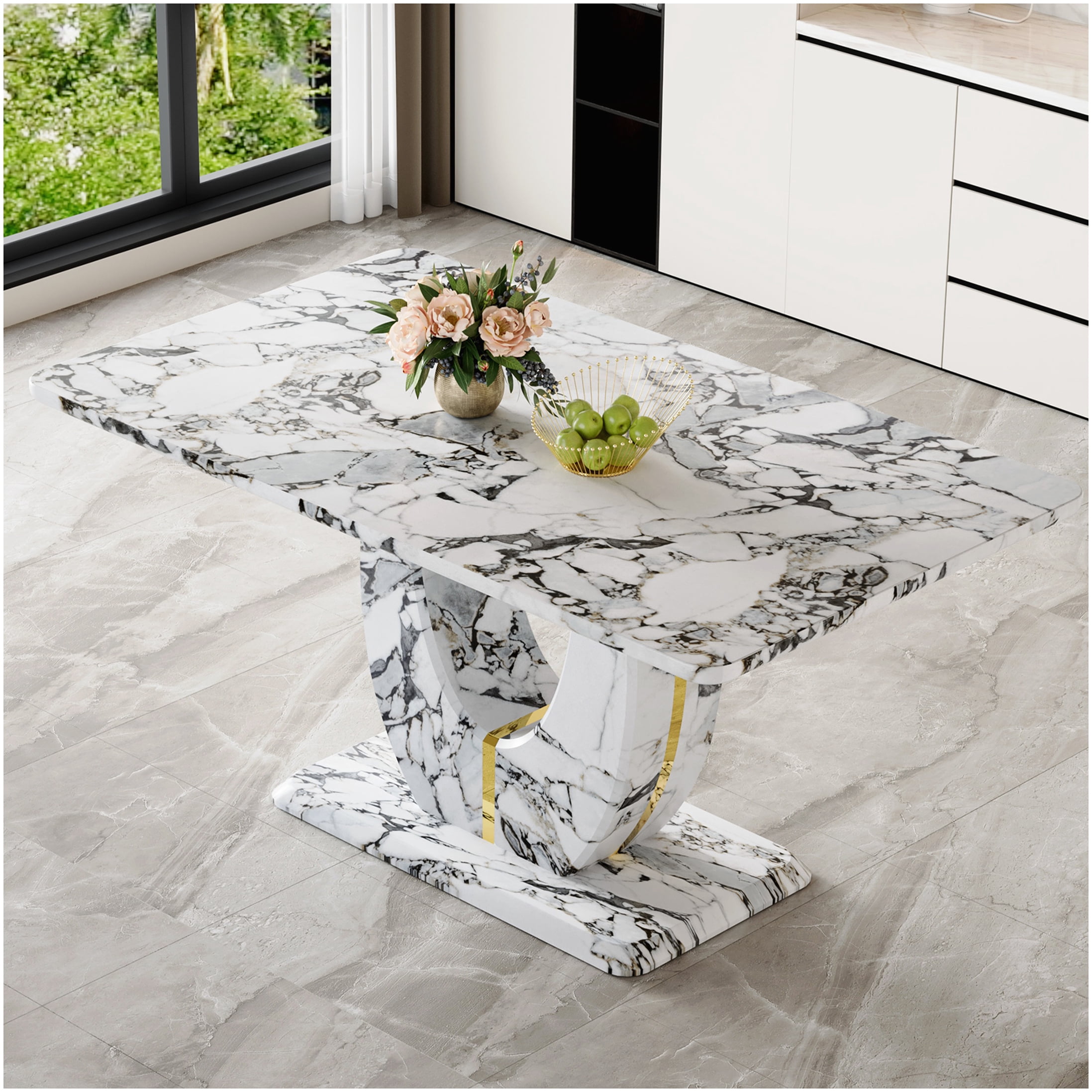 CHAMPFLAG Modern Dining Table for 4-6 Persons, White Textured Marble ...