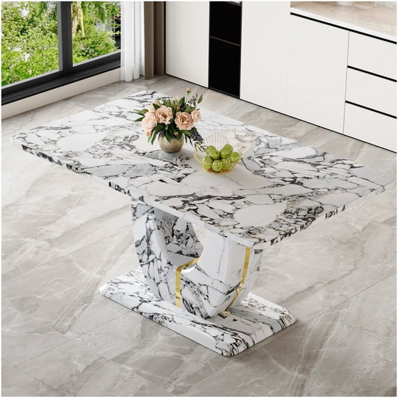 CHAMPFLAG Modern Dining Table for 4-6 Persons, White Textured Marble ...