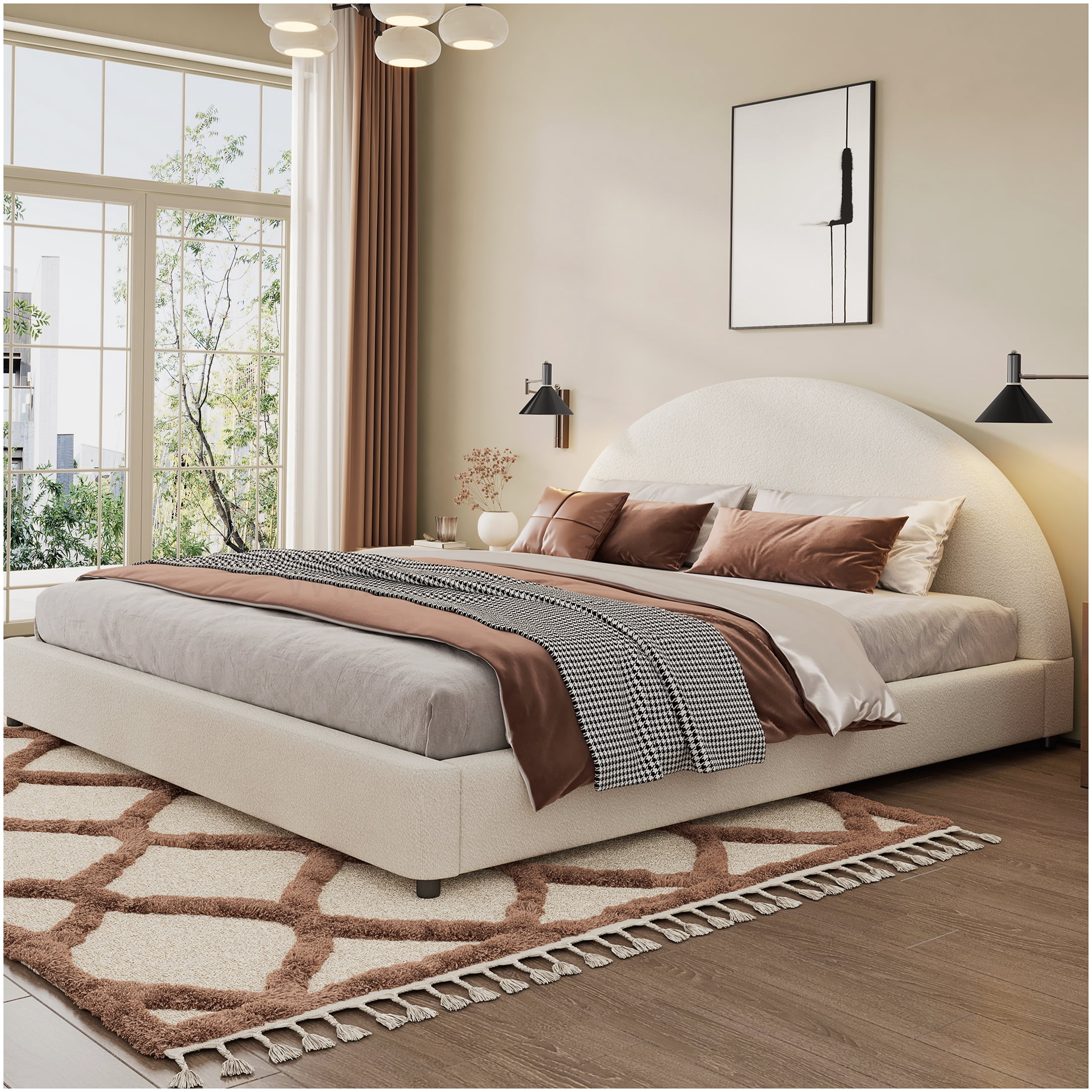 CHAMPFLAG Modern King Size Bed Frame with Round Boucle Headboard, Low ...