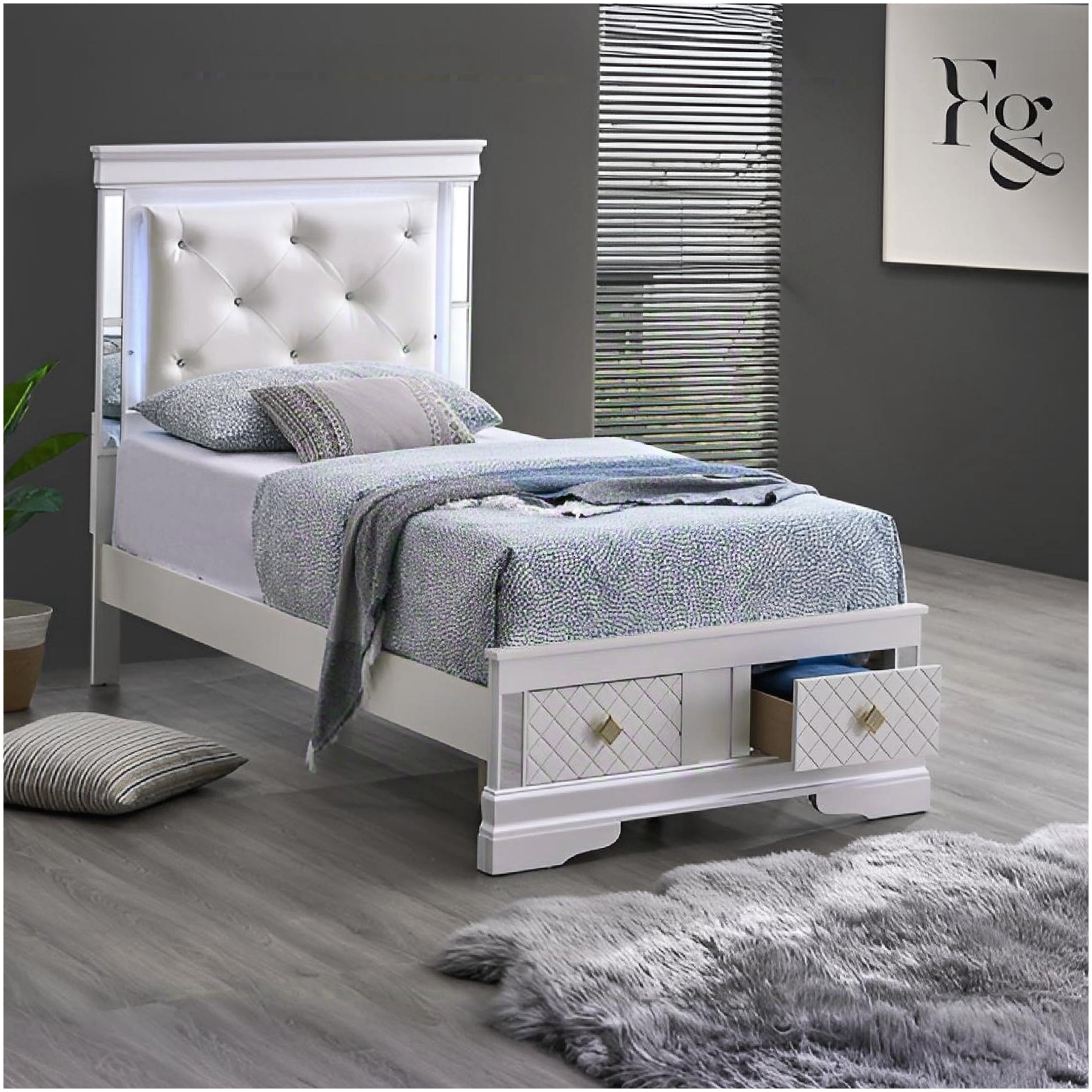 CHAMPFLAG Modern Twin Bed Frame with LED Lights, Upholstered Headboard ...