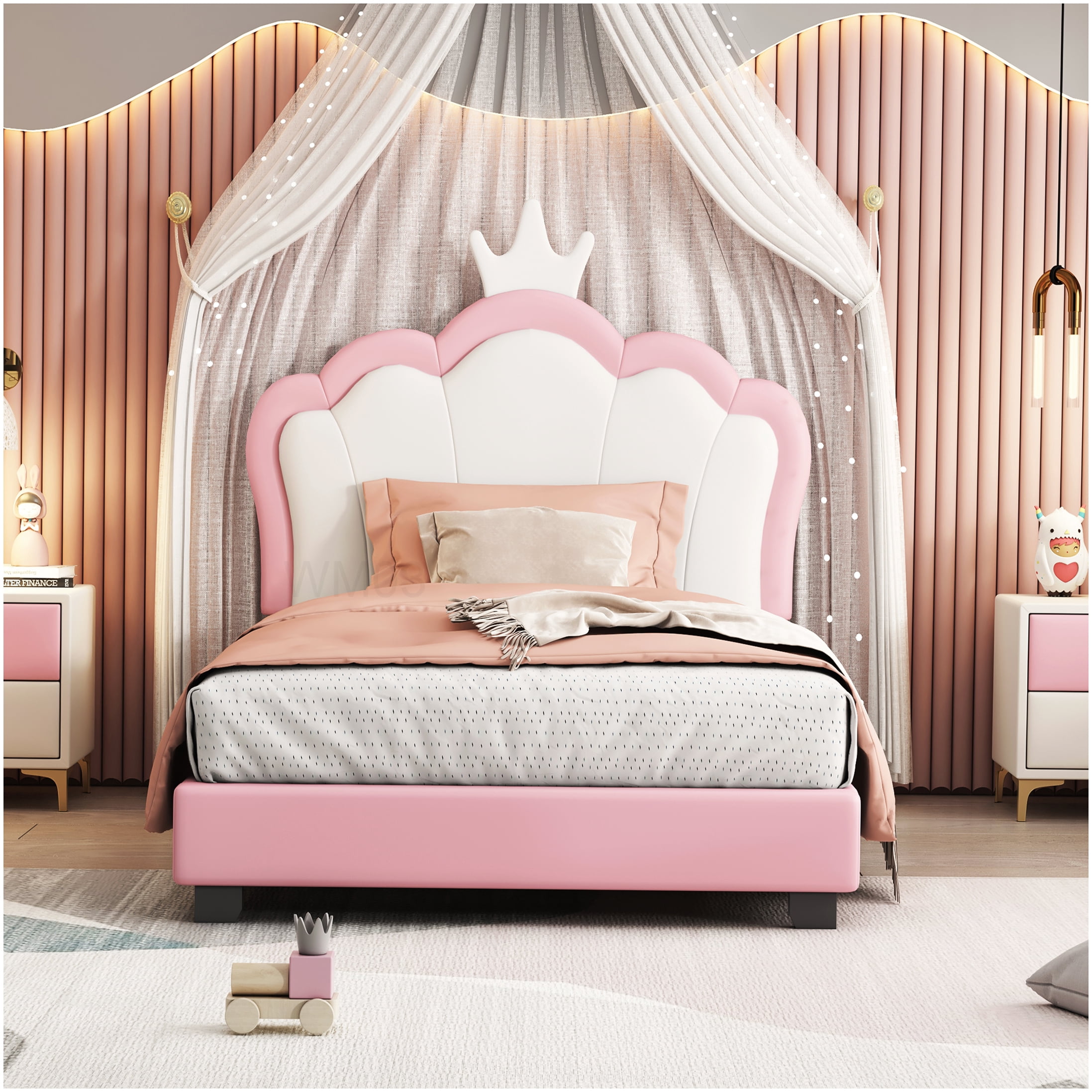 CHAMPFLAG Pink Crown Upholstered Twin Bed Frame with Headboard and ...