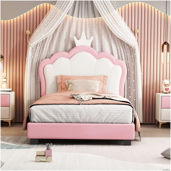 CHAMPFLAG Pink Crown Upholstered Twin Bed Frame with Headboard and ...