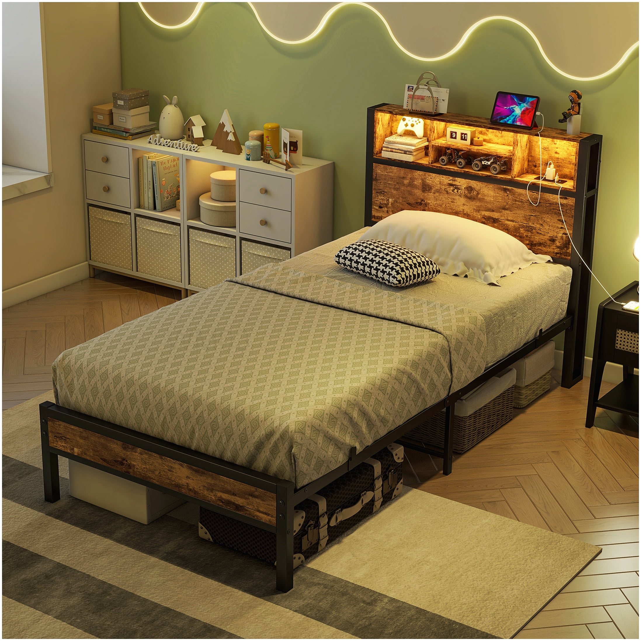 CHAMPFLAG RGB LED Headboard Twin Bed Frame with USB Charger, Storage ...