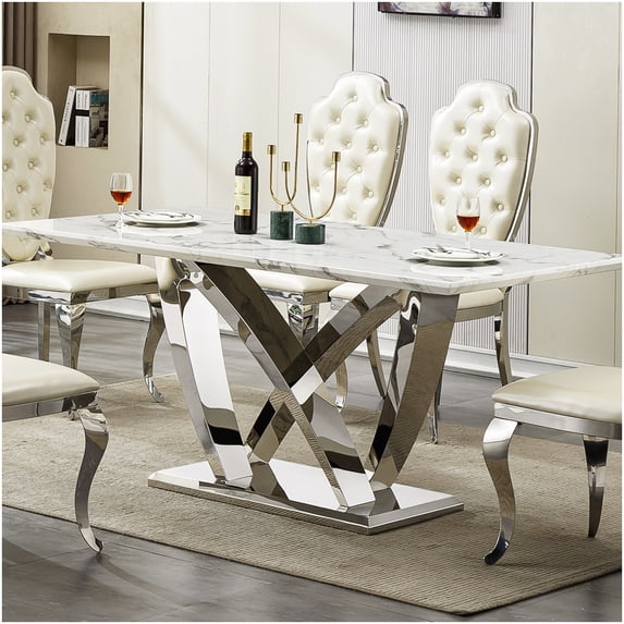 CHAMPFLAG Rectangular Faux Marble Dining Table, 70 Inch Modern Kitchen ...
