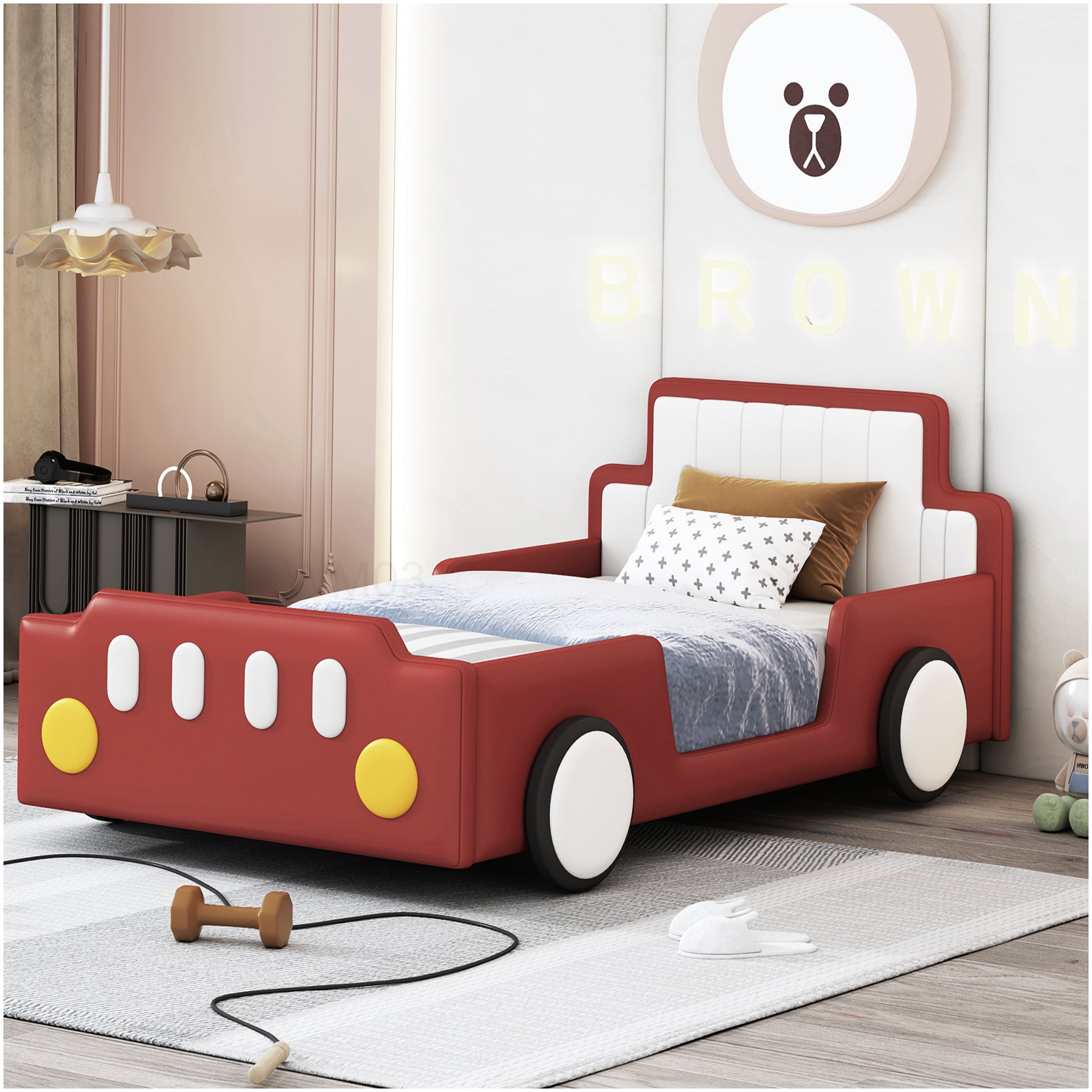 CHAMPFLAG Red PU Leather Low Profile Twin Bed, Race Car Style Platform ...