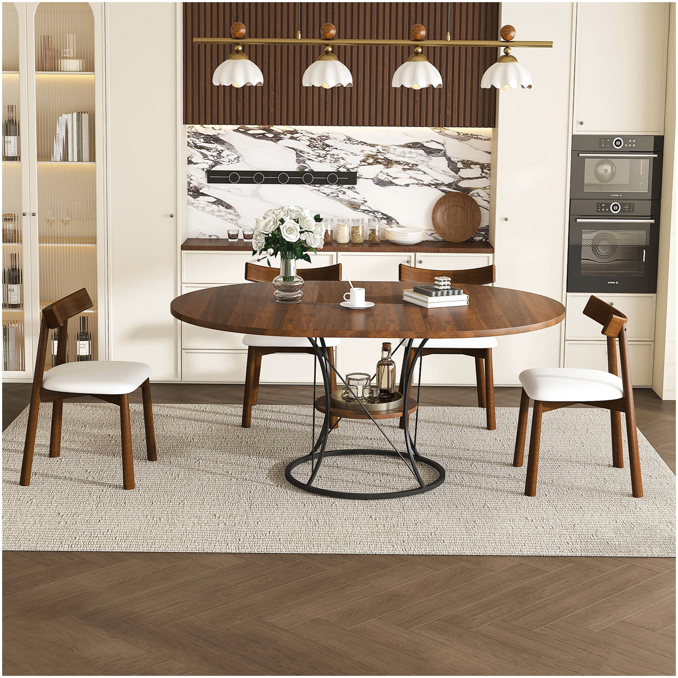 CHAMPFLAG Round Extendable Dining Table with Chairs, 4-6 Seater ...