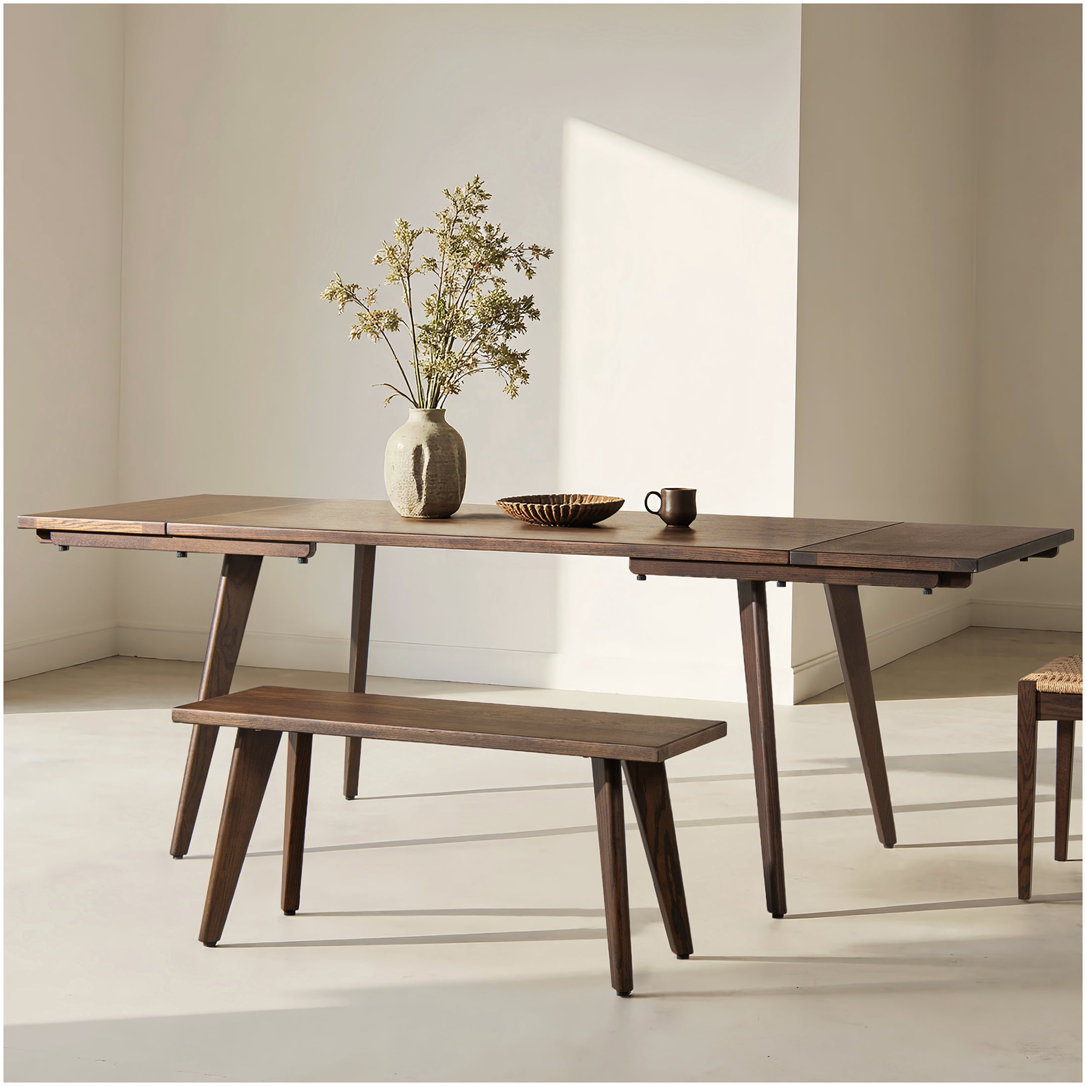 CHAMPFLAG Solid Oak Expandable Dining Table, Dark Brown Finish with 2 ...