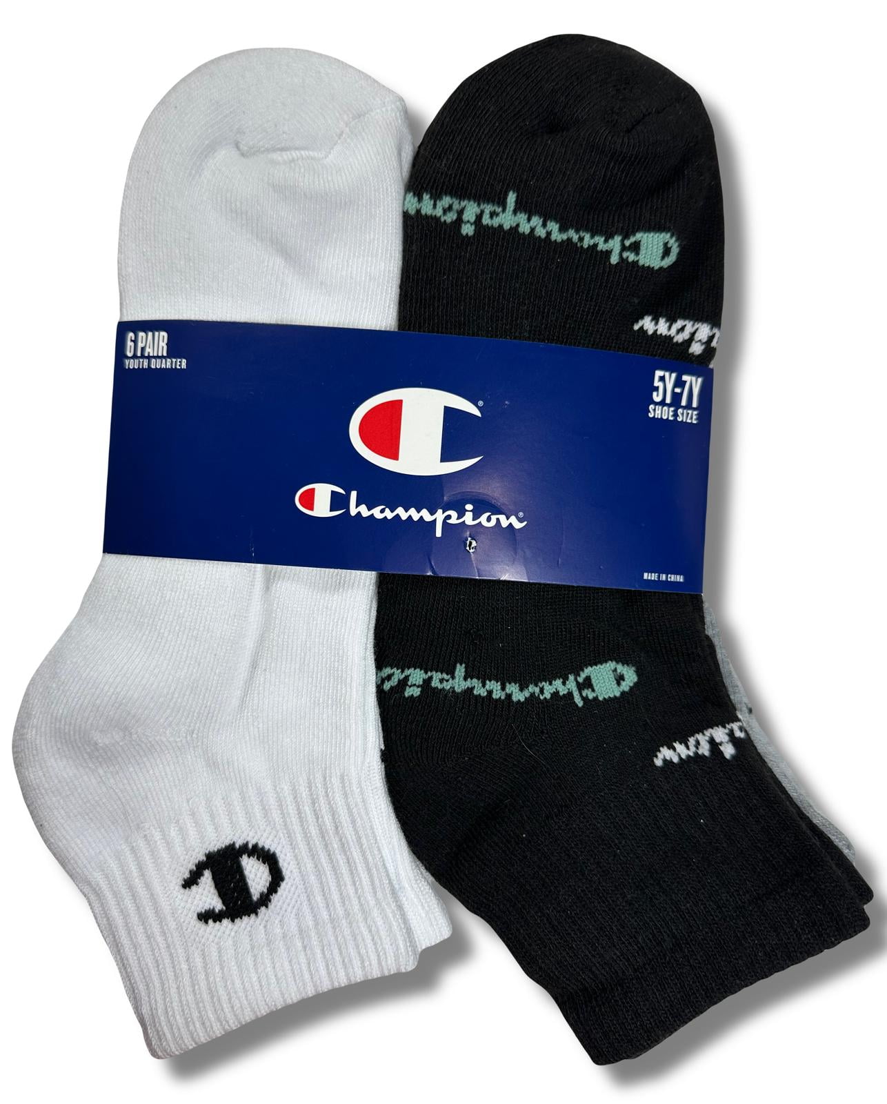 CHAMPION SOCKS BOYS - QUARTER CUT 243 - WHITE BLACK - YOUTH LARGE (2Y ...