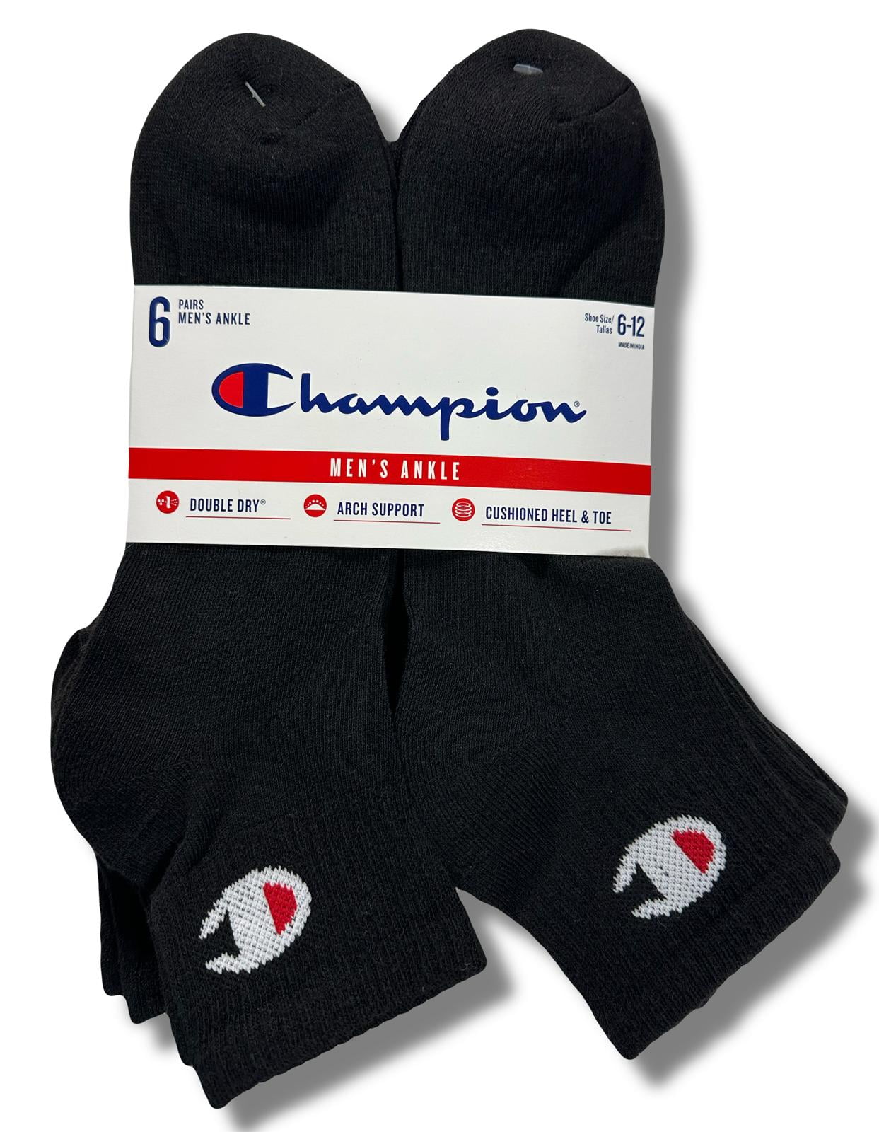 CHAMPION SOCKS MEN'S - ANKLE - SOLID 253 - BLACK SOLID - LARGE (6-12 ...