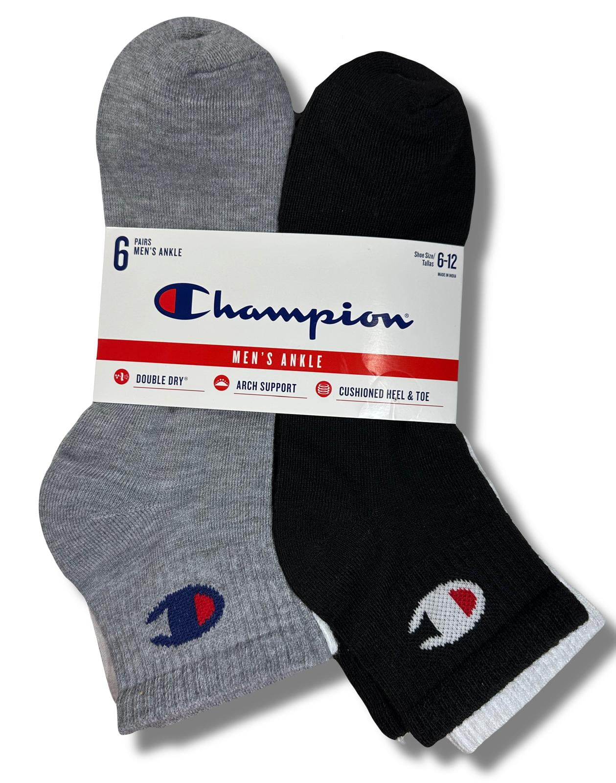 CHAMPION SOCKS MEN'S - ANKLE - SOLID 253 - GREY BLACK - LARGE (6-12 ...