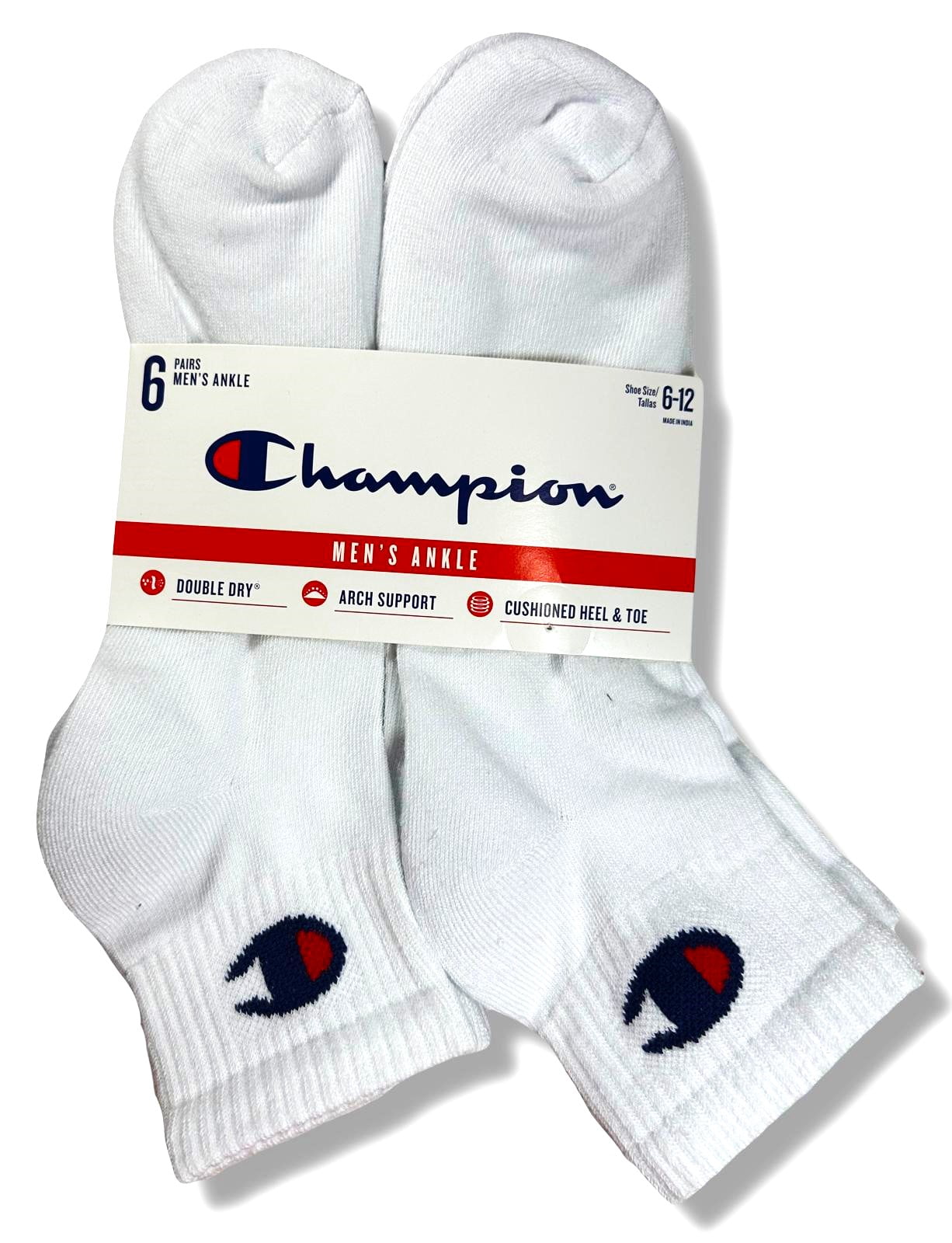 CHAMPION SOCKS MEN'S - ANKLE - SOLID 253 - WHITE - LARGE (6-12) PACK 6 ...